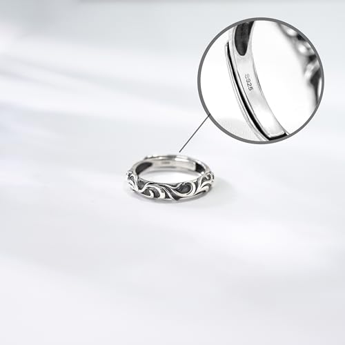 PHNIBIRD 925 Sterling Silver Rings for Men with European Pattern Unisex Adjustable Open Punk Rings for Men Women Retro Style Suitable for Daily Use