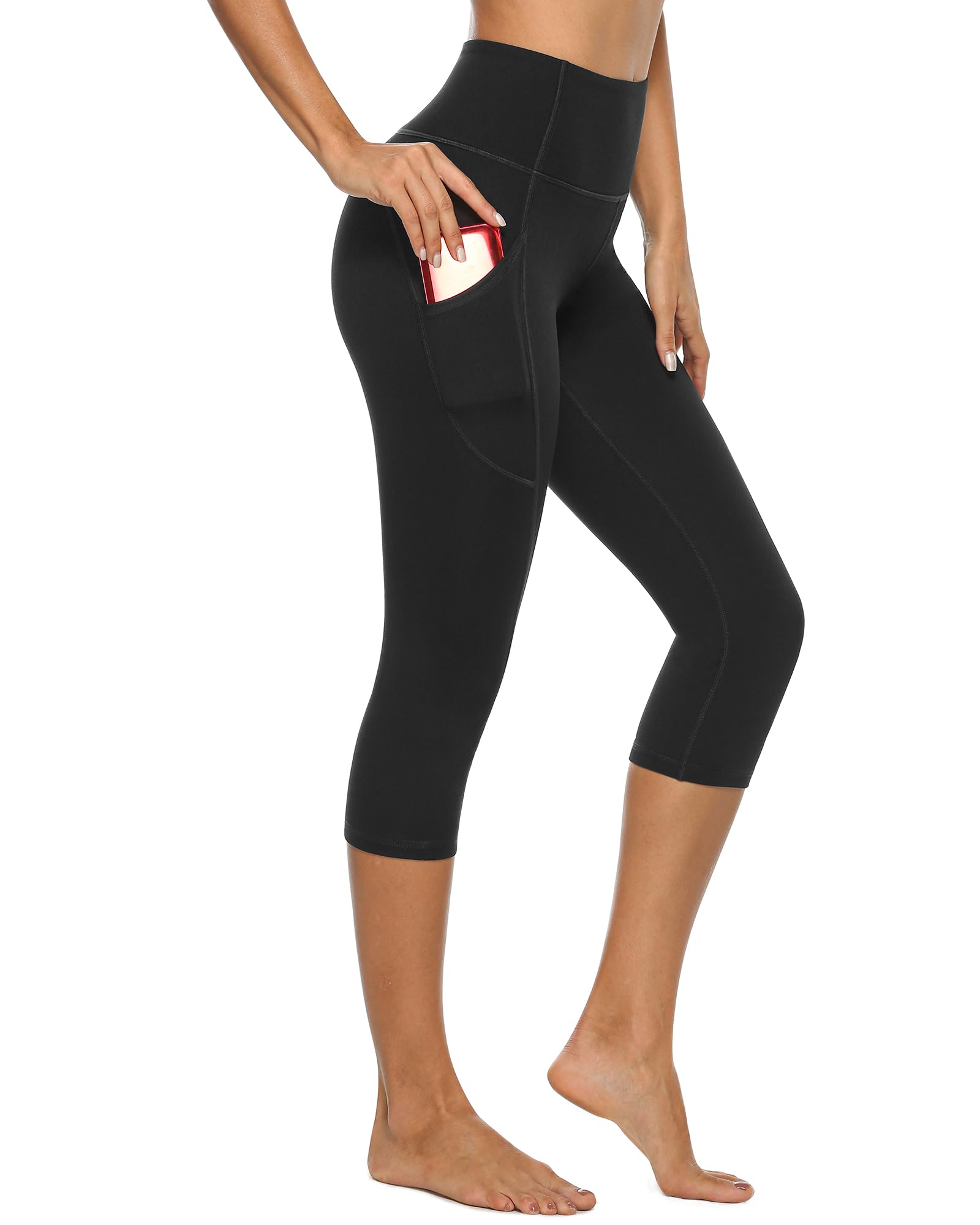 Stelle Womens High Waisted Leggings Capri Pants with Pockets for Gym Workout and Yoga (Silky Soft Compression-Grey, Medium)
