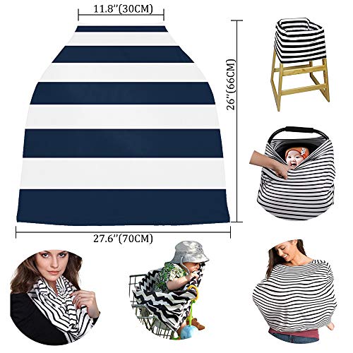 Nursing Cover Carseat Canopy, White Navy Stripes Nautical Decor Soft and Breathable Stroller Covers for Breastfeeding Infants, Multiuse-Nursing Scarf,Stretchy Babysitting Scarf