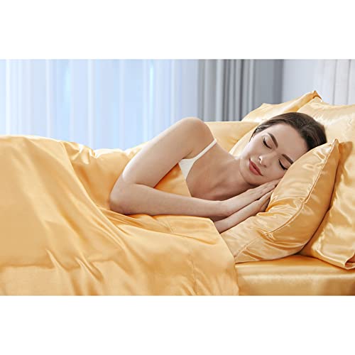 Madison Park Essentials Satin Sheets Queen Size, Luxurious Silky Satin Bed Sheets, Elastic 14" Pocket fits up to 16" Mattress, Wrinkle-Free, Soft Satin Bed Sheet Set, Gold 6 Piece