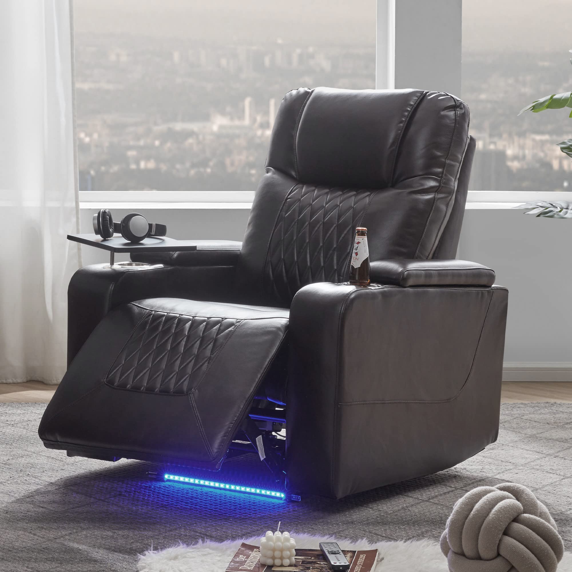 Merax Lazy Boy Recliner Chair, Power Leather Single Sofa, with Cup Holders, Tray Table and Storage, Black