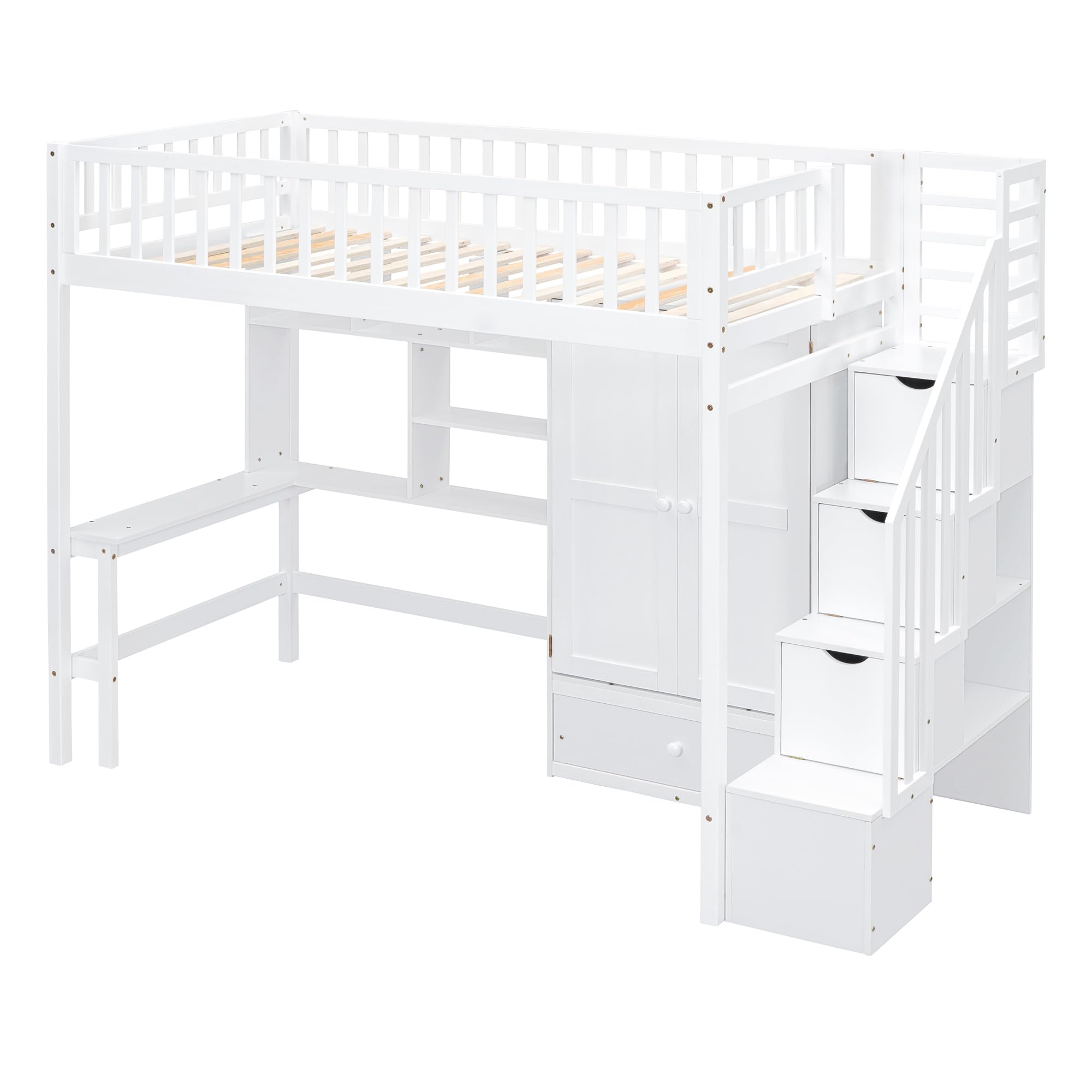 Merax Twin Loft Beds Stairway Loft Bed Frame with Wardrobe, Desk, Bookshelf and Drawers, White