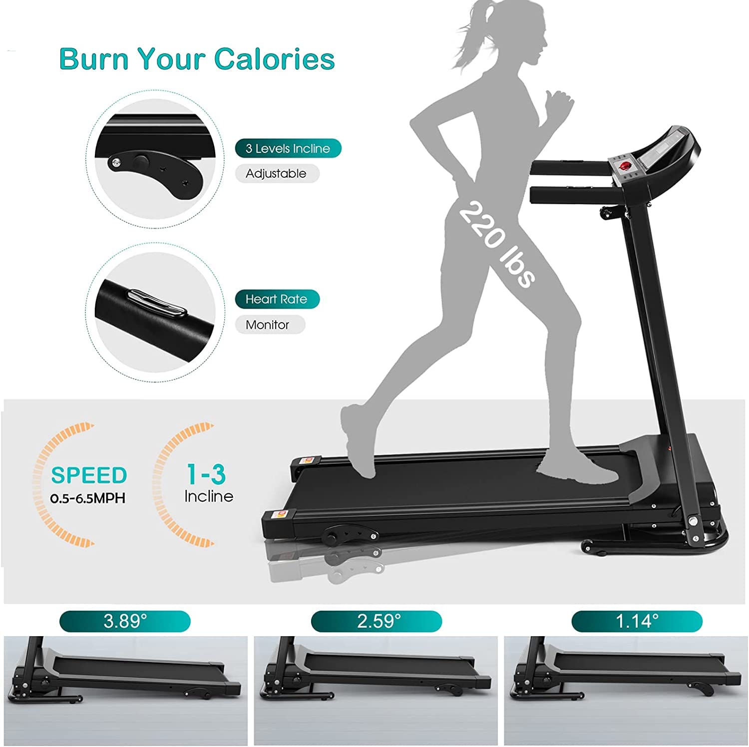SPORFIT Foldable Treadmill with Incline, Portable Treadmills w/ 3 Adjustable Manual Incline, Heart Rate Sensor&LCD Display, Electric Treadmill, Running Machine for Home&Office, Black