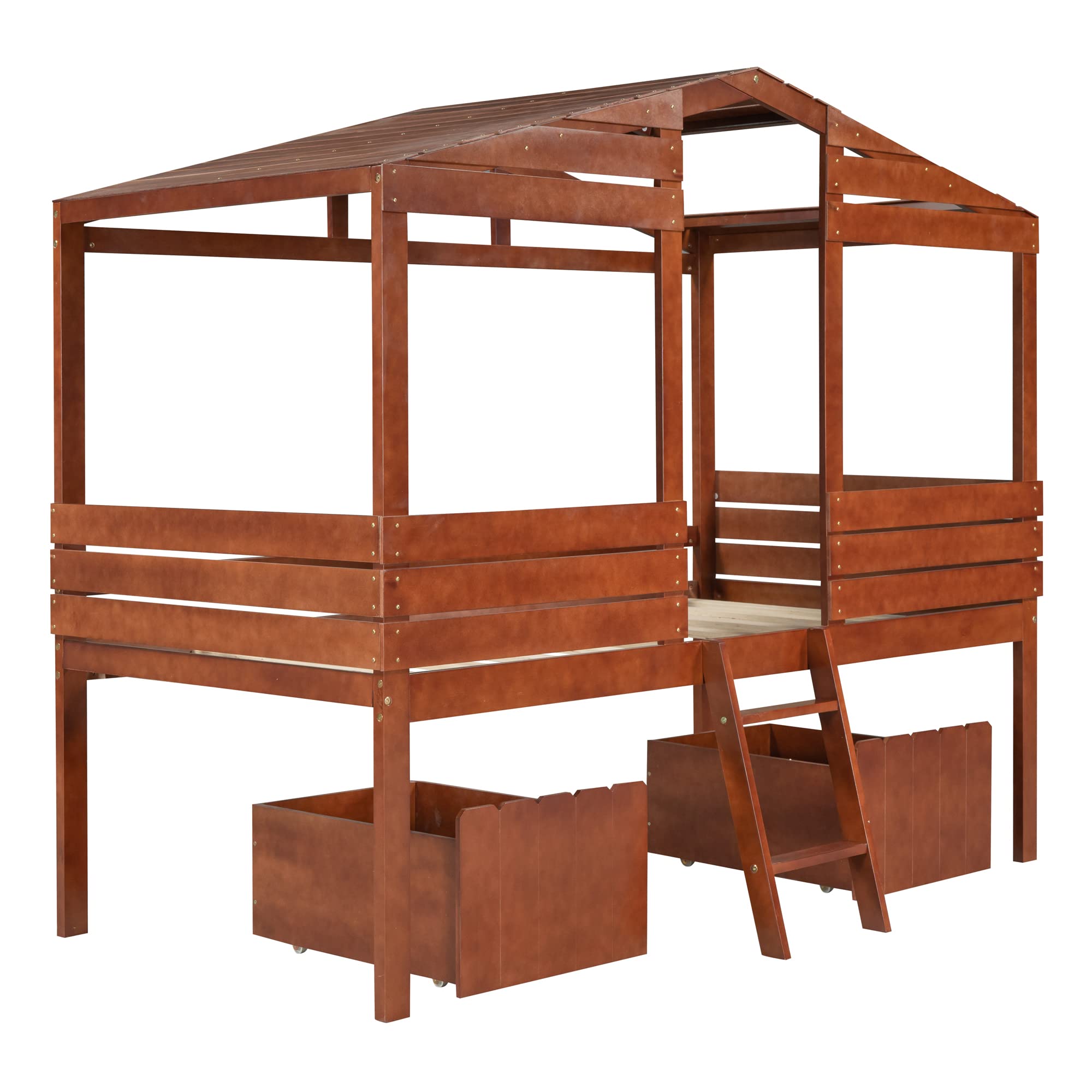 Merax Twin Montessori Loft Bed Frame with Drawers and Ladder Low Loft Bunk Bed for Kids Juniors, No Box Spring Needed, Walnut