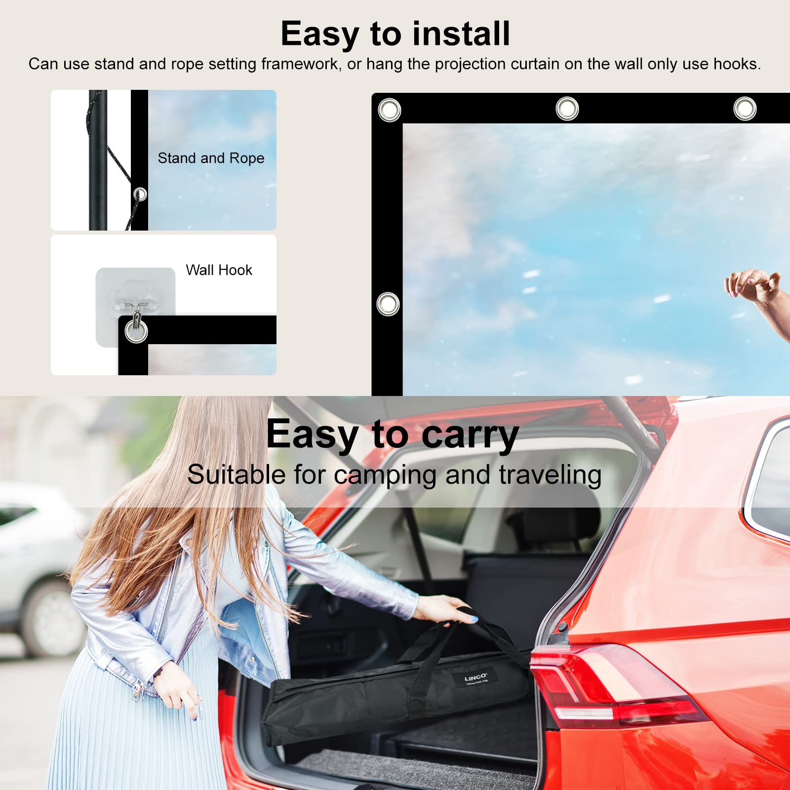 LINCO Projector Screen with Stand, 150inch Outdoor Movie Projector Screen 4K HD 16: 9 Wrinkle Free Design for Backyard Movie Night (Easy to Clean, 1.1Gain, 160° Viewing Angle & A Carry Bag)