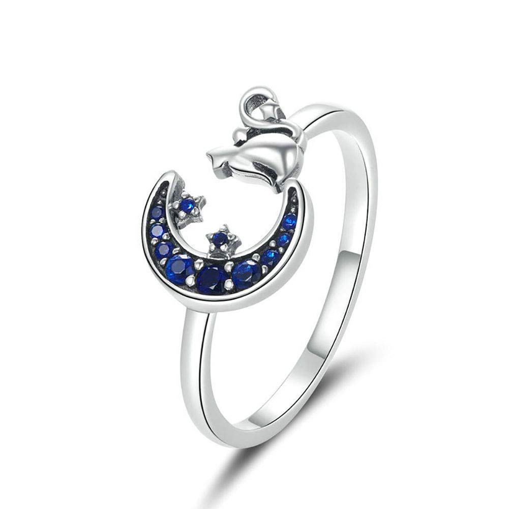 MZC Jewelry Cat Ring Blue Moon Stars Sterling Silver Ring Women Adjustable Open Size Ring for Mom Friends Birthday