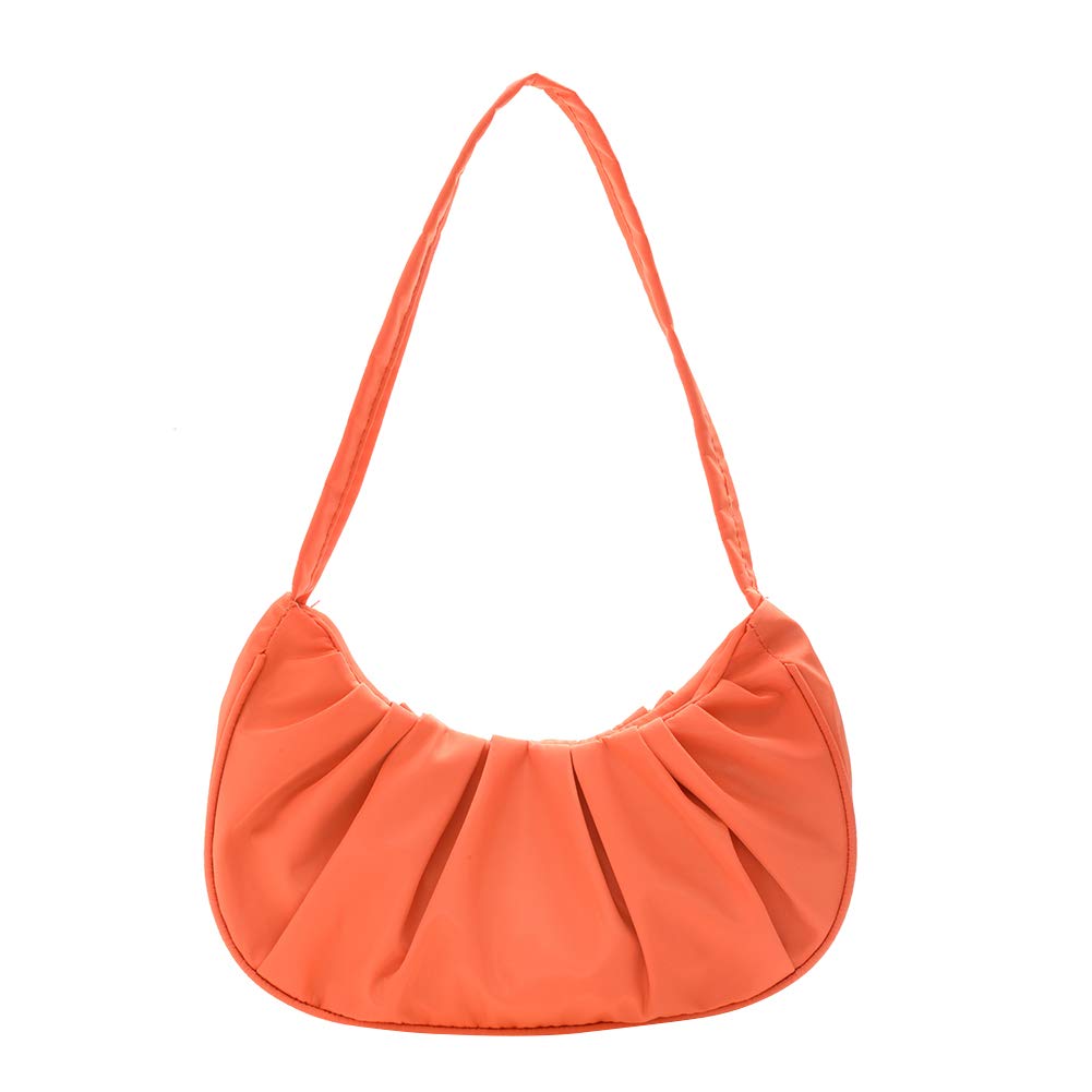 Small Shoulder Bags for Women Solid Color Pleated Cloud Underarm Handbag Totes, Orange, 21 x 18 x 5cm