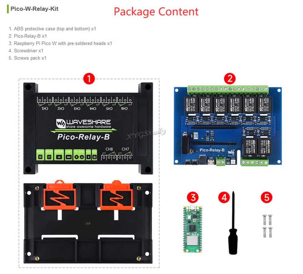 XYGStudy Raspberry Pi Pico W Microcontroller Board Relay Kit with ABS Protective Case, Built-in WiFi, Based on Official RP2040 Dual-core Processor (Pico-W-Relay-Kit)