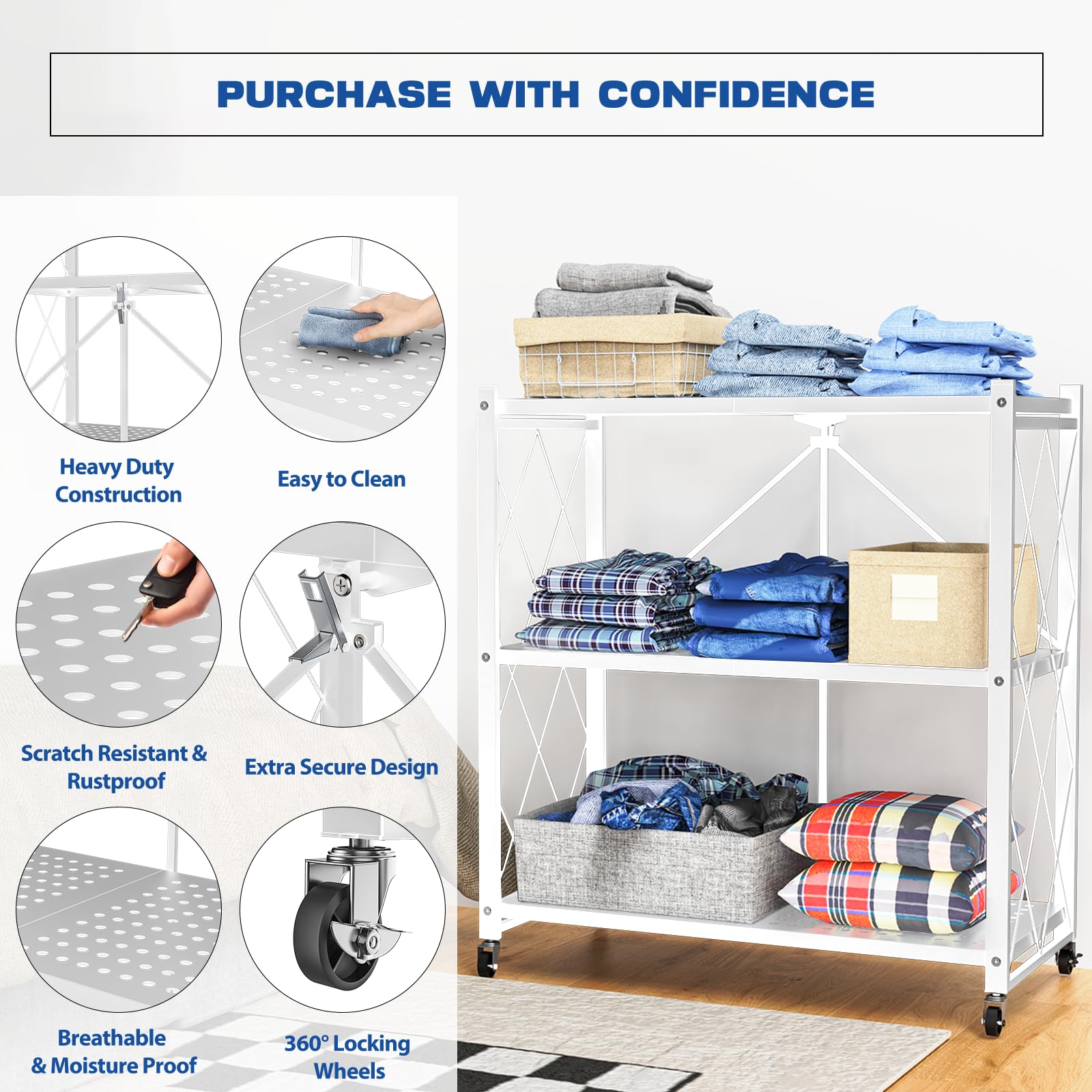 Lifetime Home 3-Tier Foldable Storage Shelf with Wheels - Metal Collapsible Shelving Unit Display, Rolling Cart for Books Kitchen Storage Shelves, Pantry & Closet Organizer, Office Room Decor - WHITE