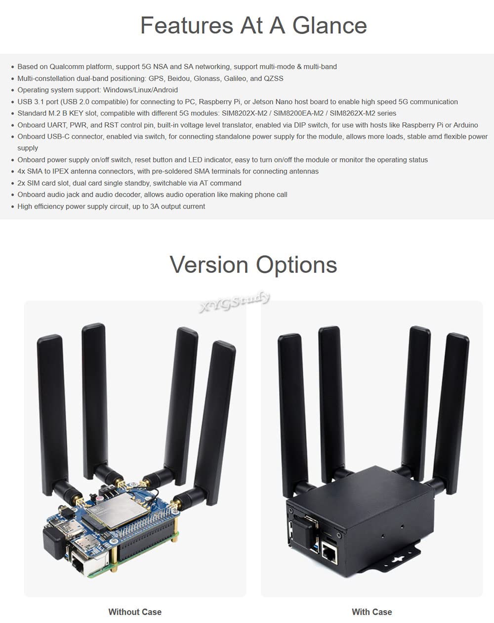 XYGStudy SIM8262E-M2 5G HAT for Raspberry Pi, Quad Antennas 5G NSA, Multi-Band, 5G/4G/3G