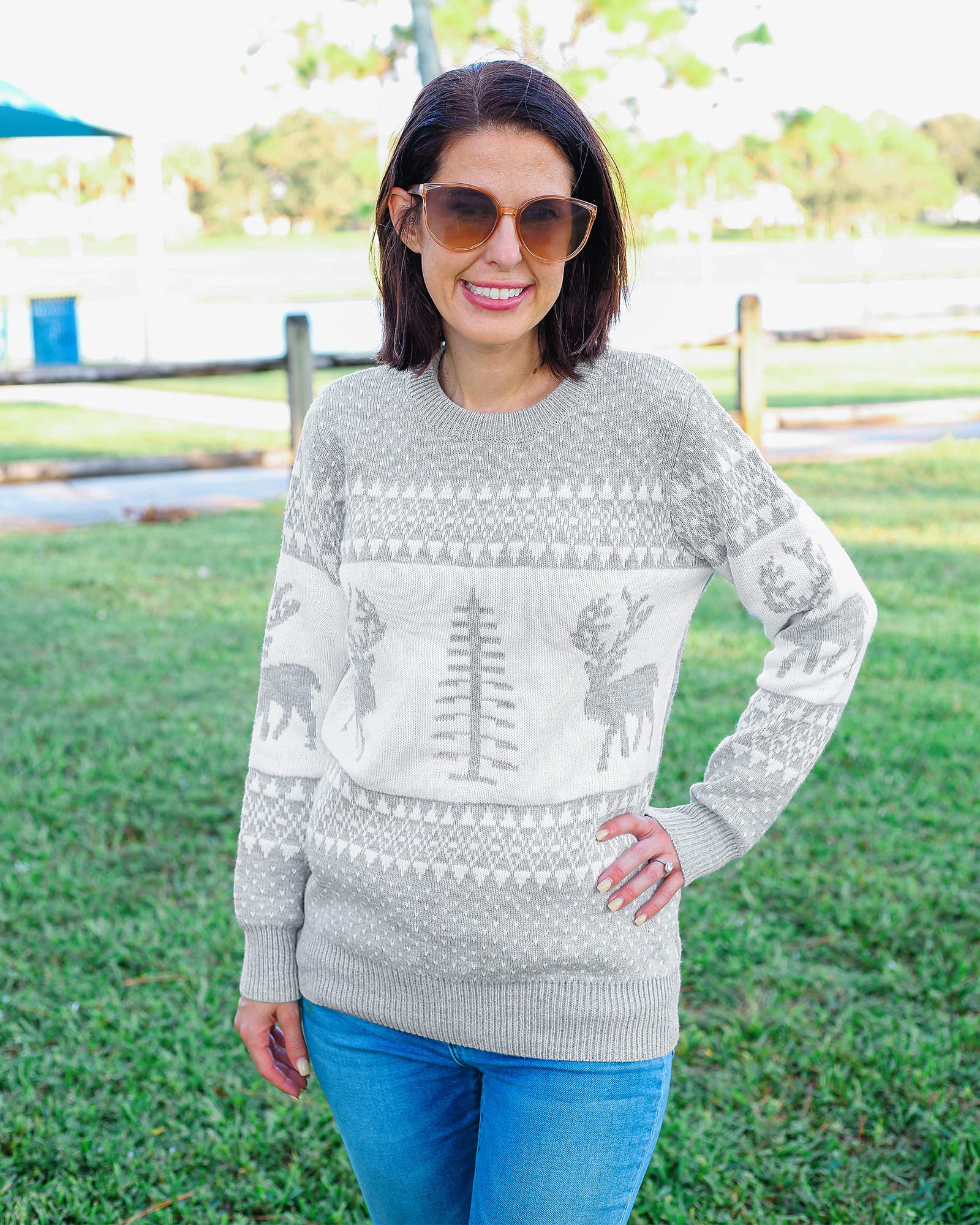 LookbookStore Women's Grey Long Sleeves Ugly Christmas Tree Reindeer Winter Holiday Knit Sweater Pullover Size S 4 6