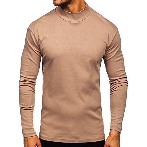 PICKLION Mens Casual Turtleneck Long Sleeve Undershirt Slim Fit Pullover Basic T-Shirts Khaki