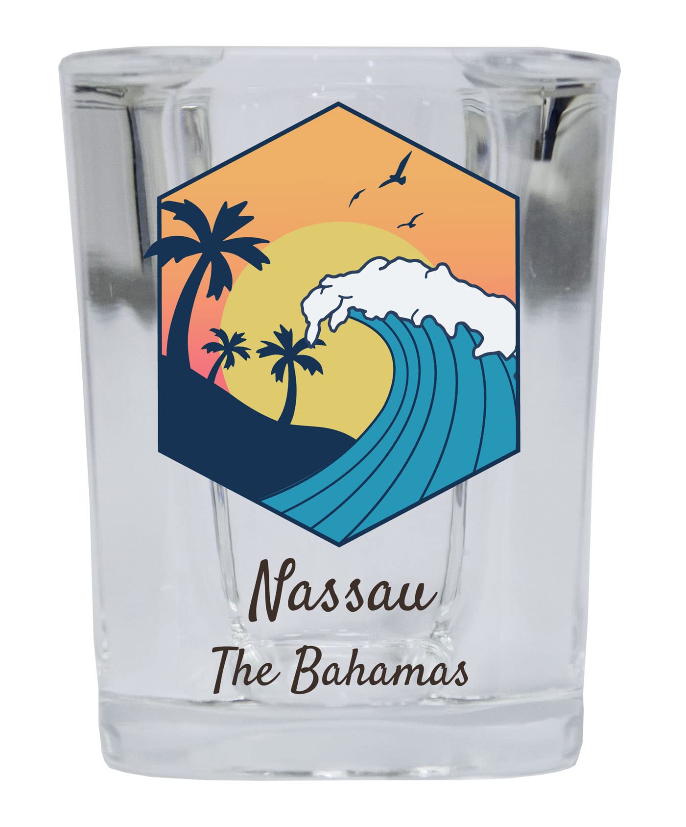 R and R Imports Nassau The Bahamas Souvenir 2 Ounce Square Base Shot Glass Wave Design Single