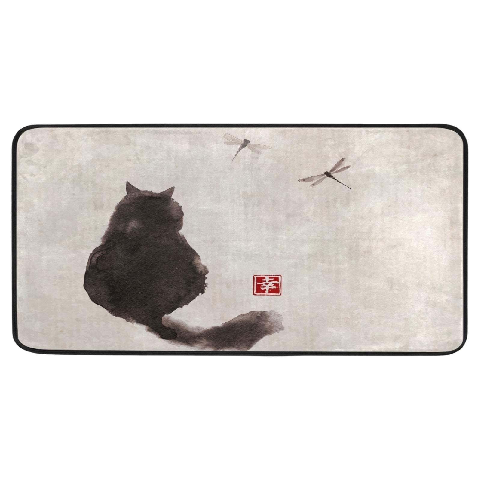 Retro Black Fluffy Cat Dragonfly Kitchen Floor Mat Bath Runner Rug Non Slip Area Mat Rug Absorbent Comfort Standing Mat Carpet for Indoor Outdoor Doormat 39 x 20 Inch