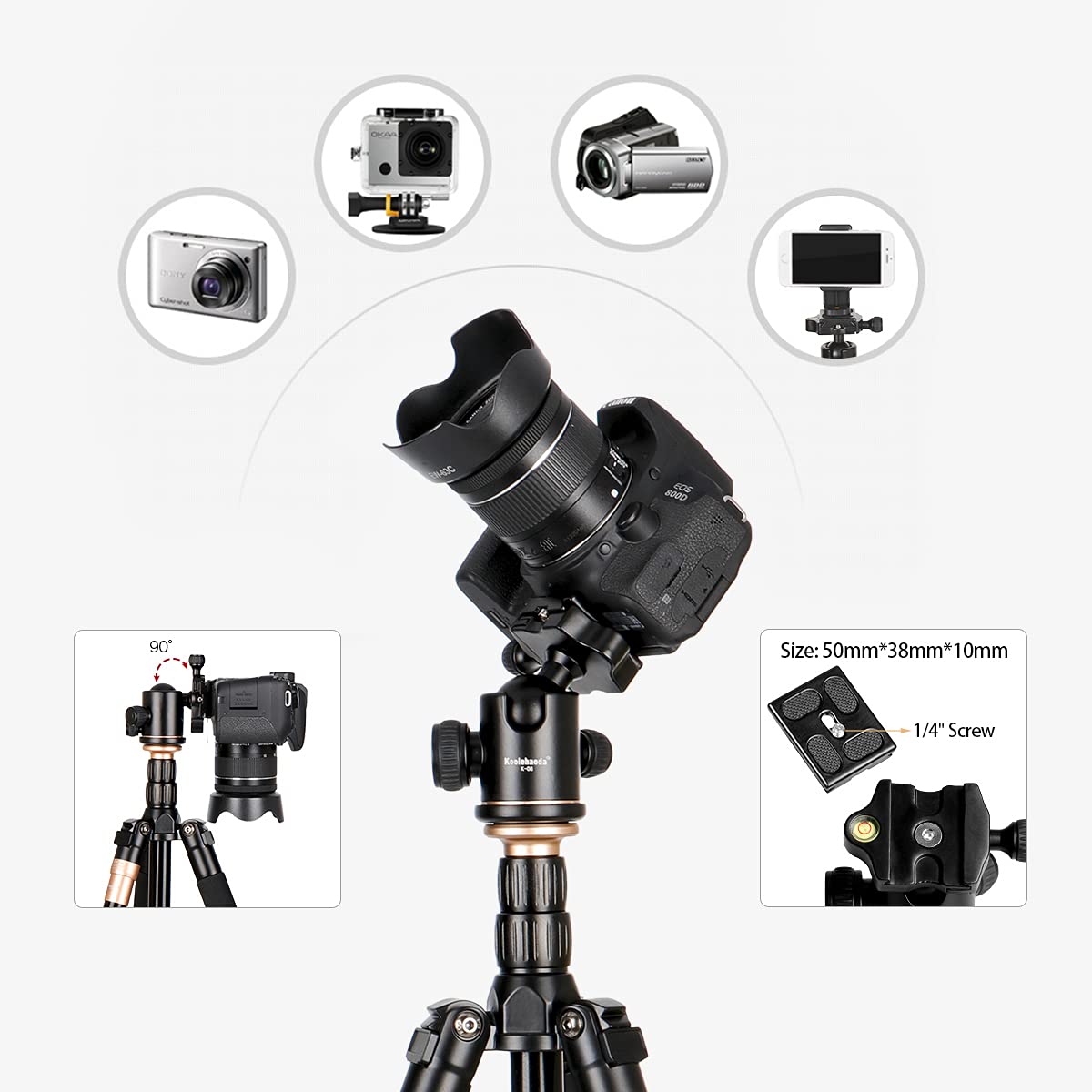 Koolehaoda 61.5" Portable Camera Tripod Compact Aluminium Tripod Monopod with 360 Degree Ball Head for SLR Camera, Max Load 15kg