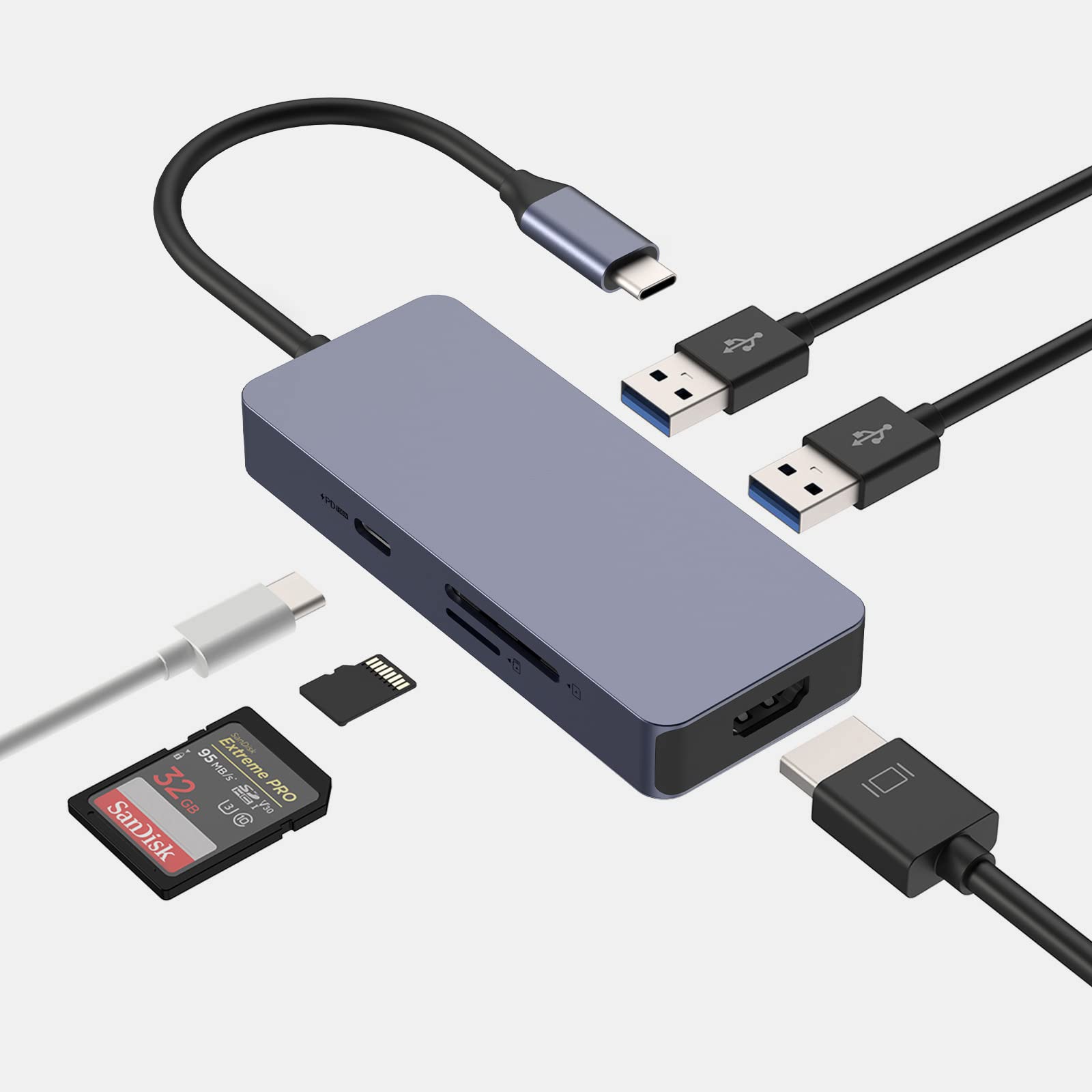 USB C Hub Dual Dsplay, USB C to HDMI Adapter with USB3.0, HDMI, PD, SD/TF Slot Compatible with MacBook Air/Pro/iPad Pro/Lenovo/Dell