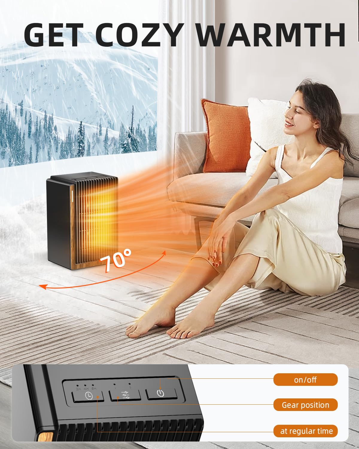 Space Heater, Portable Electric Heater, 1200w PTC Ceramic Small Heater with 2 Temperature Mode, 2-4-6 hours Timing Settings, Overheat and Tip-over Protection, Fast Heating Fan for Indoor Use Office