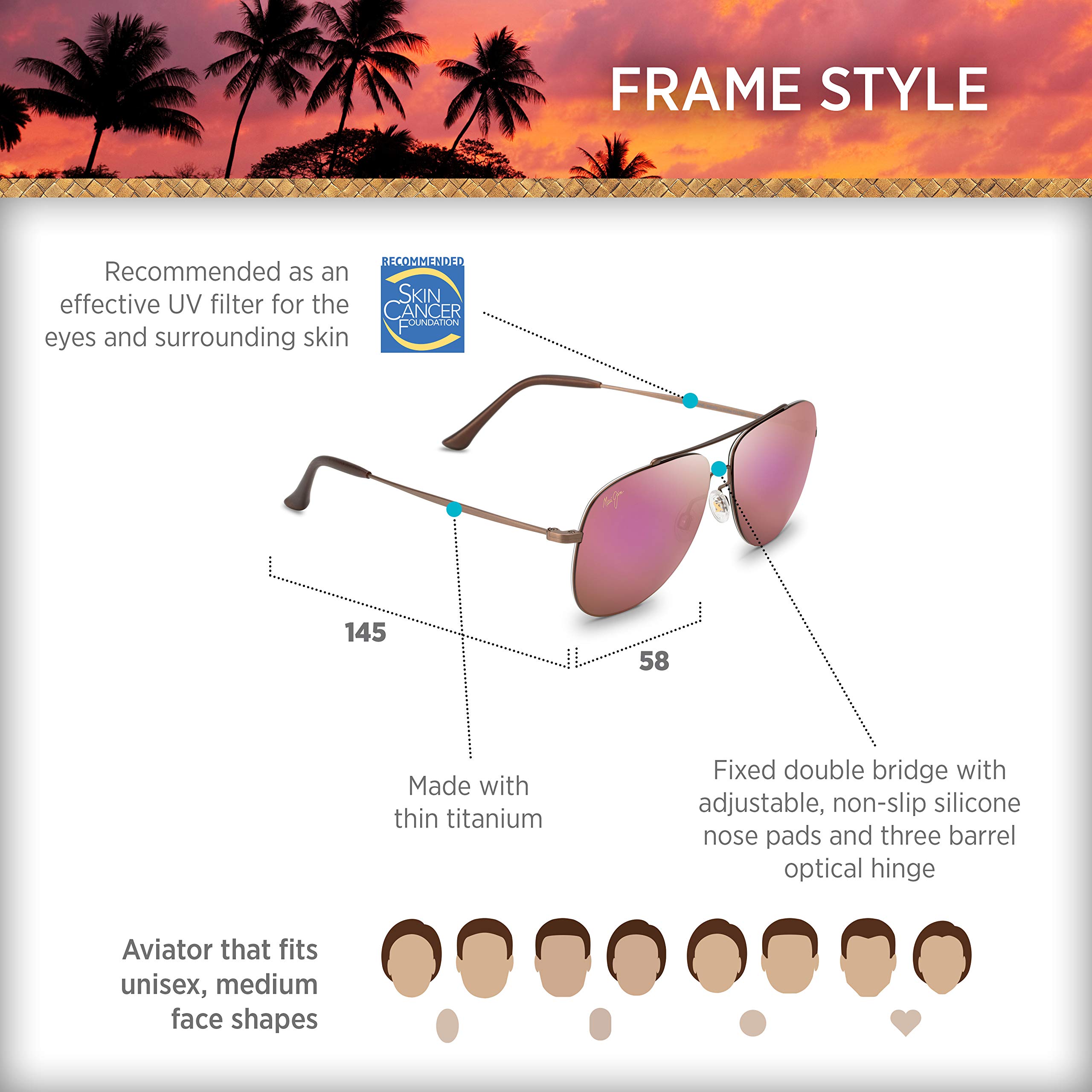 Maui Jim Men's and Women's Cinder Cone Polarized Aviator Sunglasses, Satin Sepia/MAUI Sunrise, Medium