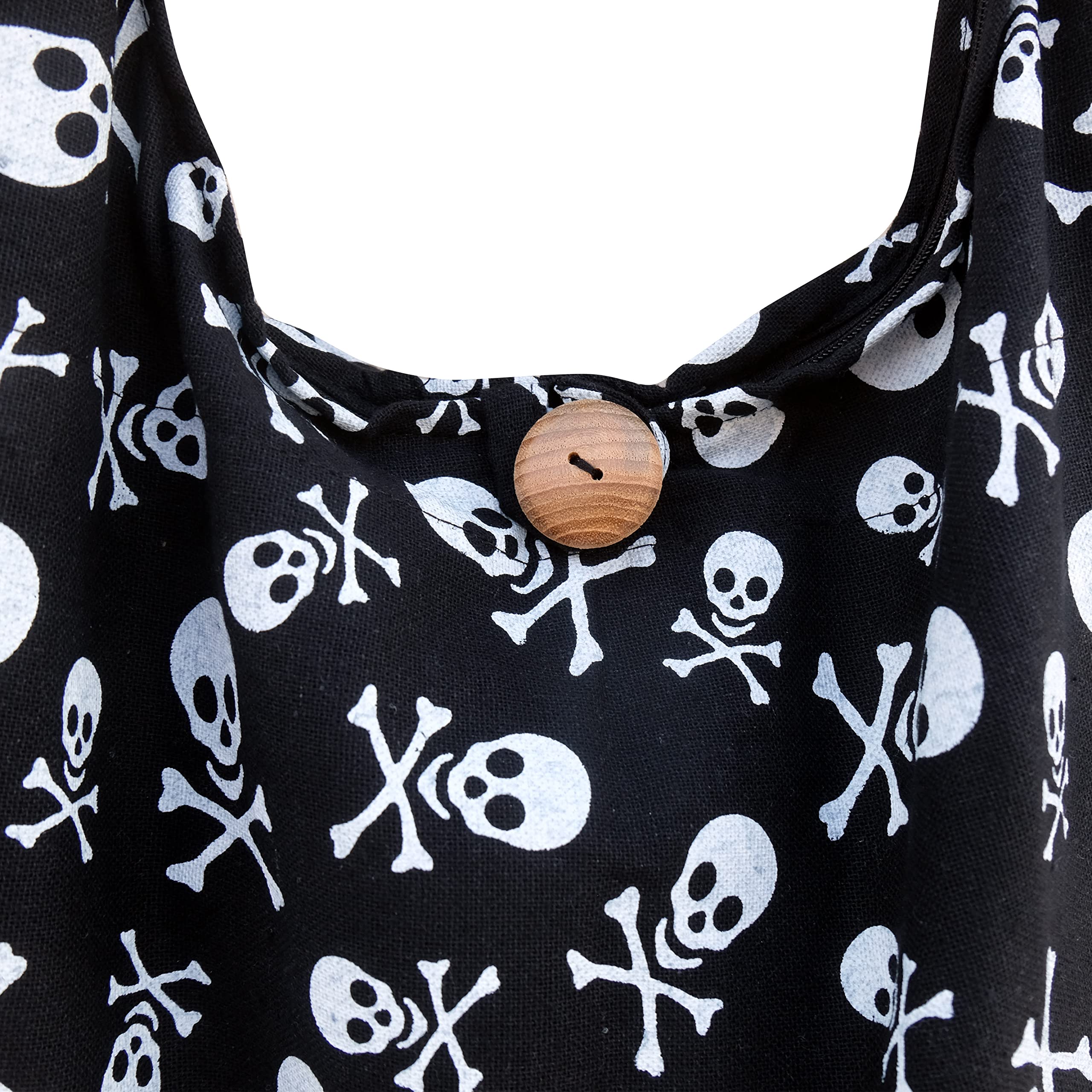 Skull Hippie style Hobo Crossbody bag Cotton sling Boho with pockets zipper purse Color Black