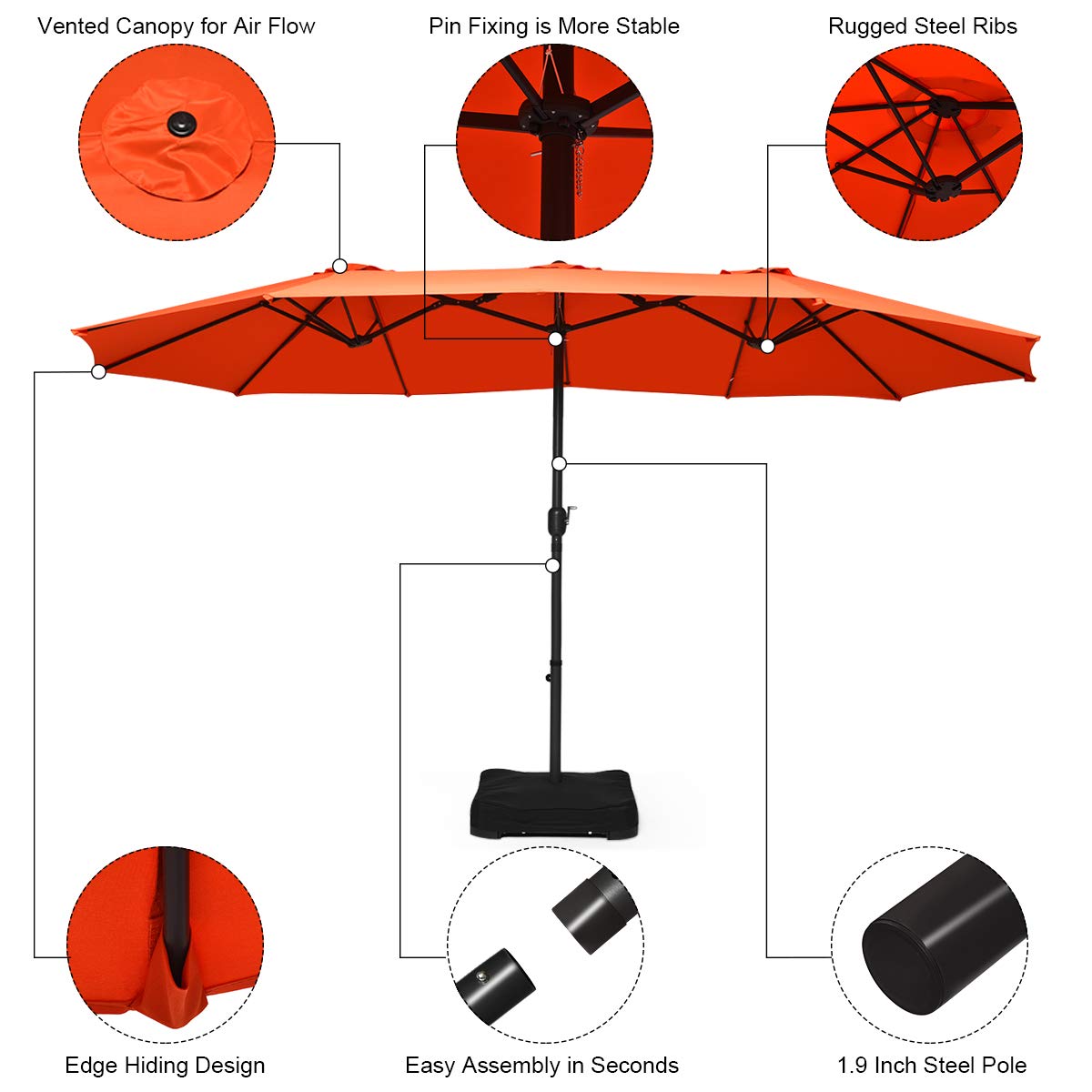 Tangkula 15 Ft Patio Double Sided Umbrella with Base, Extra Large Market Outdoor Twin Table Umbrella with Crank Handle