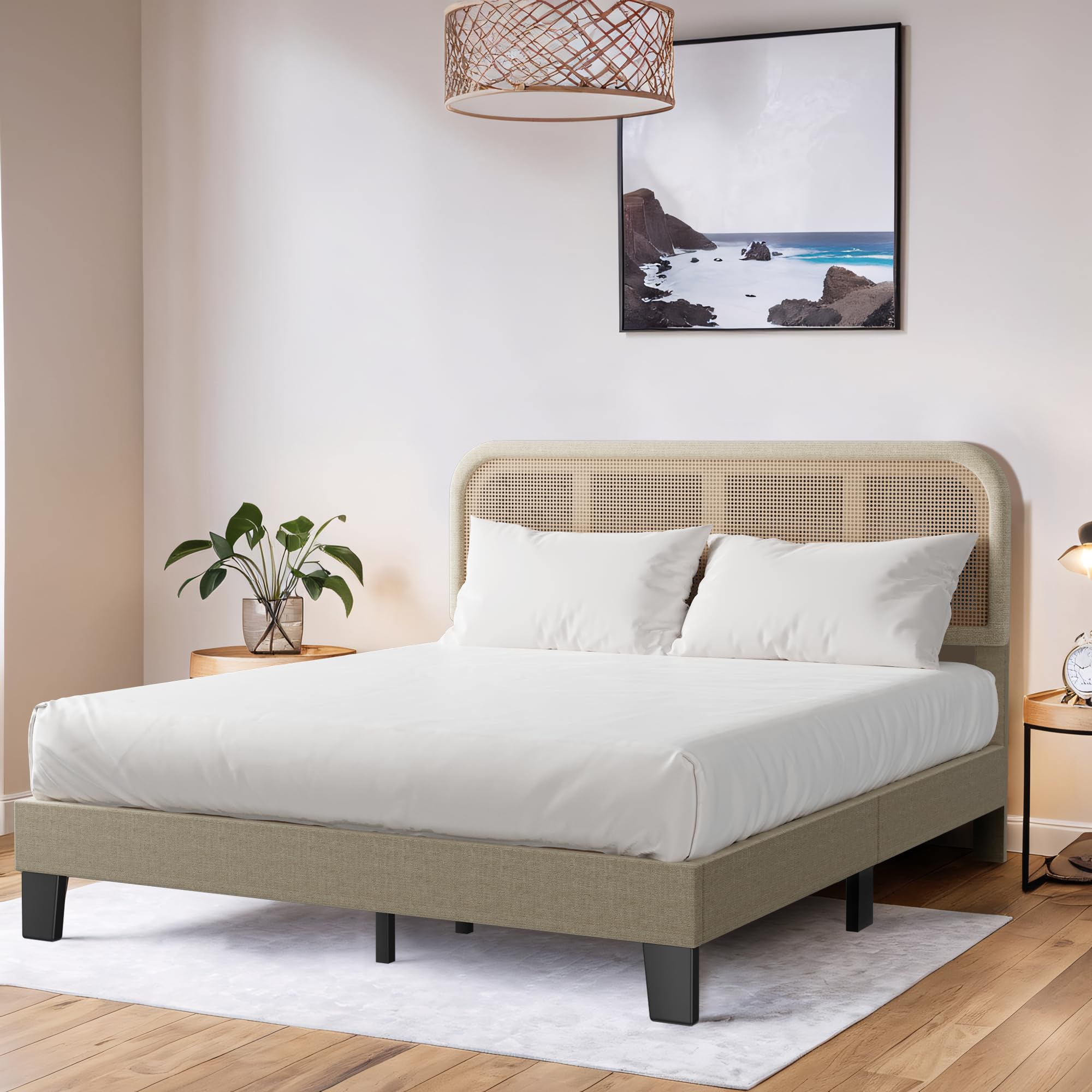 Lifezone Queen Bed Frame with Adjustable Rattan Headboard, Queen Size Bed Frame with Wood Slats Support, Safe Rounded Corner Design, Linen Fabric, High Feet, No Box Spring Needed, Beige