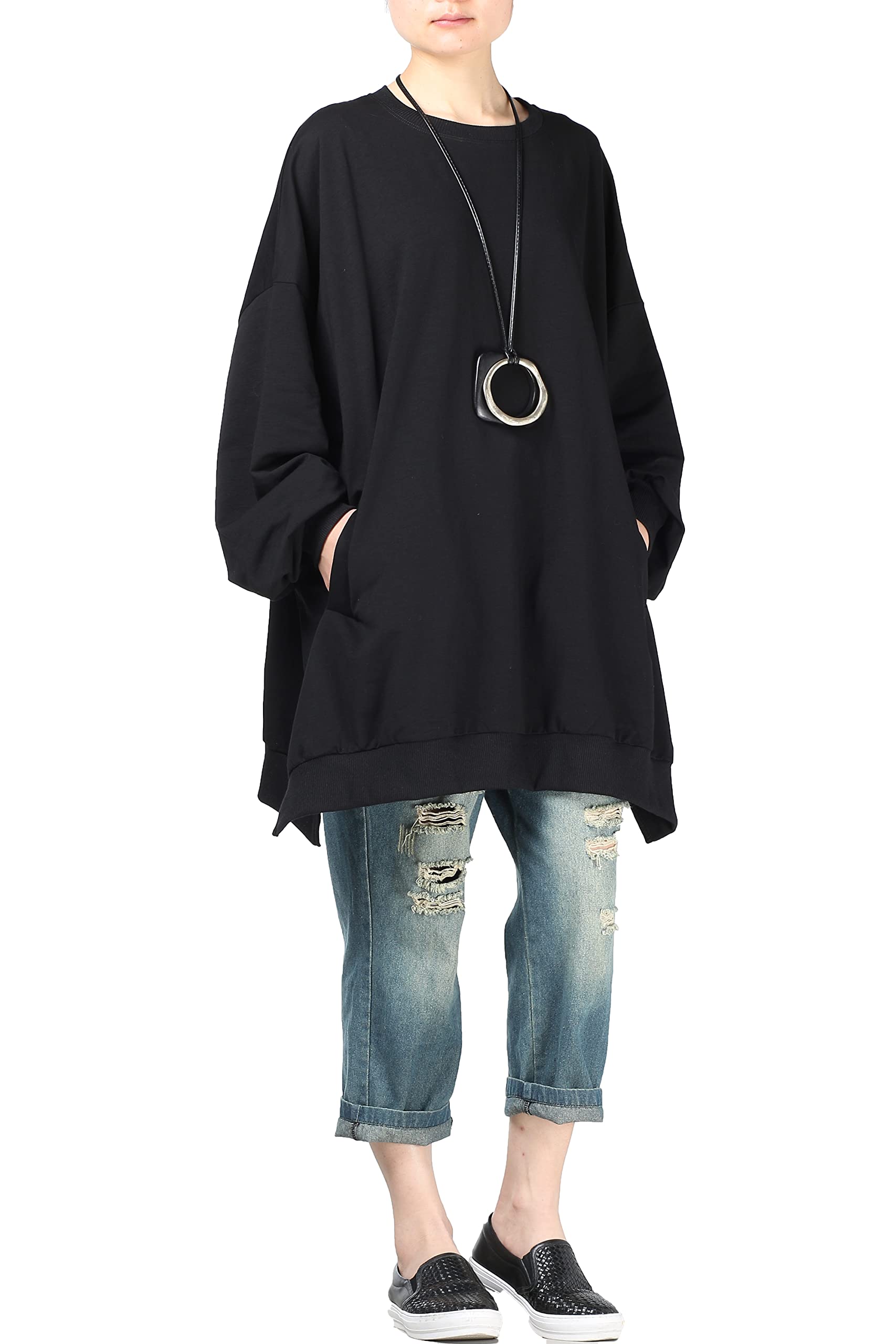 Mordenmiss Women's Loose Sweatshirt Spring/Fall Simple Shirt Tops (L, Style 6-Black)