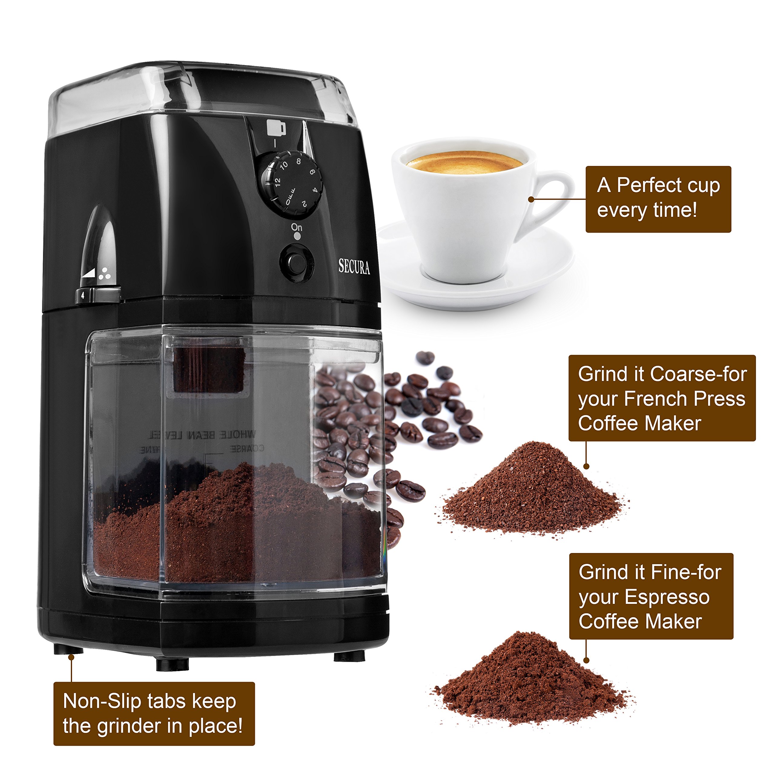 Secura Electric Burr Coffee Grinder Mill, Adjustable Cup Size, 17 Fine to Coarse Grind Size Settings for Drip, Percolator, French Press and Turkish Coffee Makers, Black,12 cups