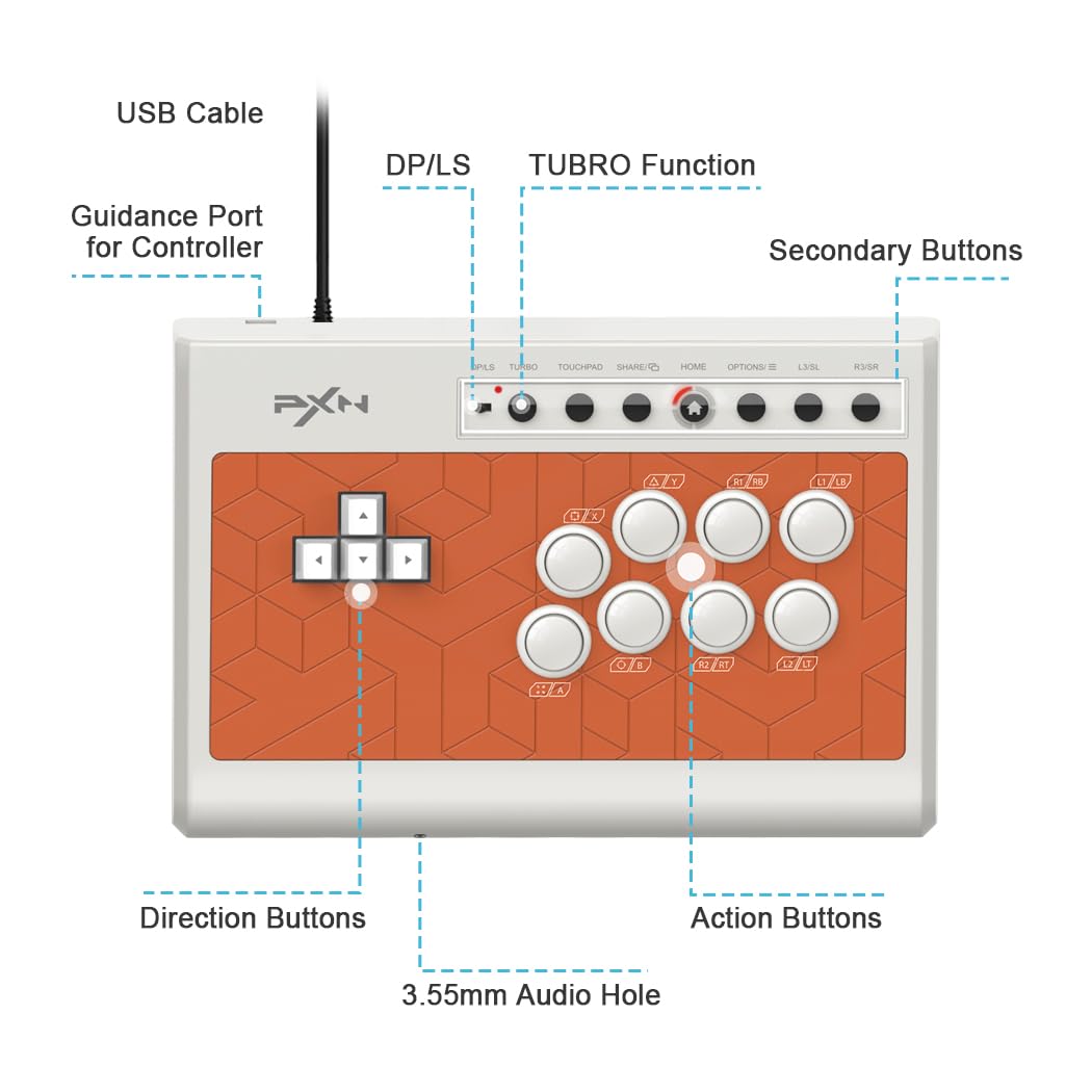 PXN X8 Arcade Fight Stick Joystick - PC Fight Sticks, Keyboard Operation Joystick with 3.5mm audio interface for PS4,PS3, PC, Xbox One, Xbox Series X|S, Switch-White