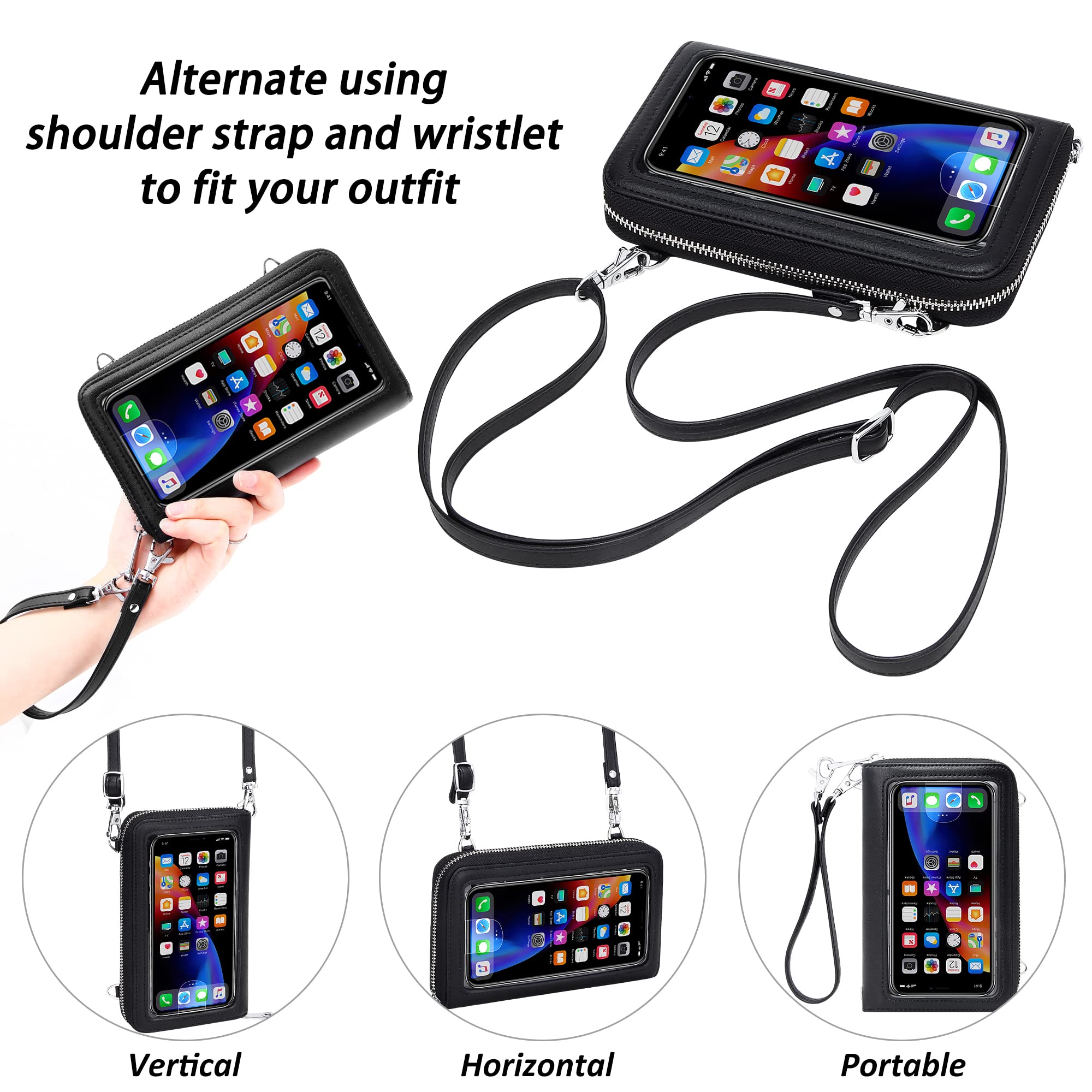 Small Purses for Women Cell Phone Crossbody Bag Large Capacity Wallet Zip Around with Clear Window and Wristlet(Black Thumb Hole)