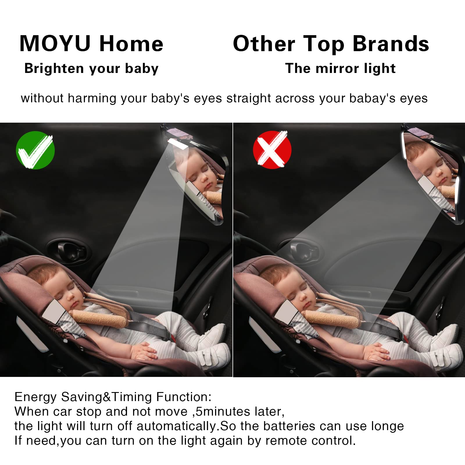 Moyu Home Baby Car Mirror,3 Modes LED Lights Back Seat Rear Facing toddler Safety Mirror,11.4" X 7.1"Wide View with 360 Pivoting,Shatterproof Glass Black
