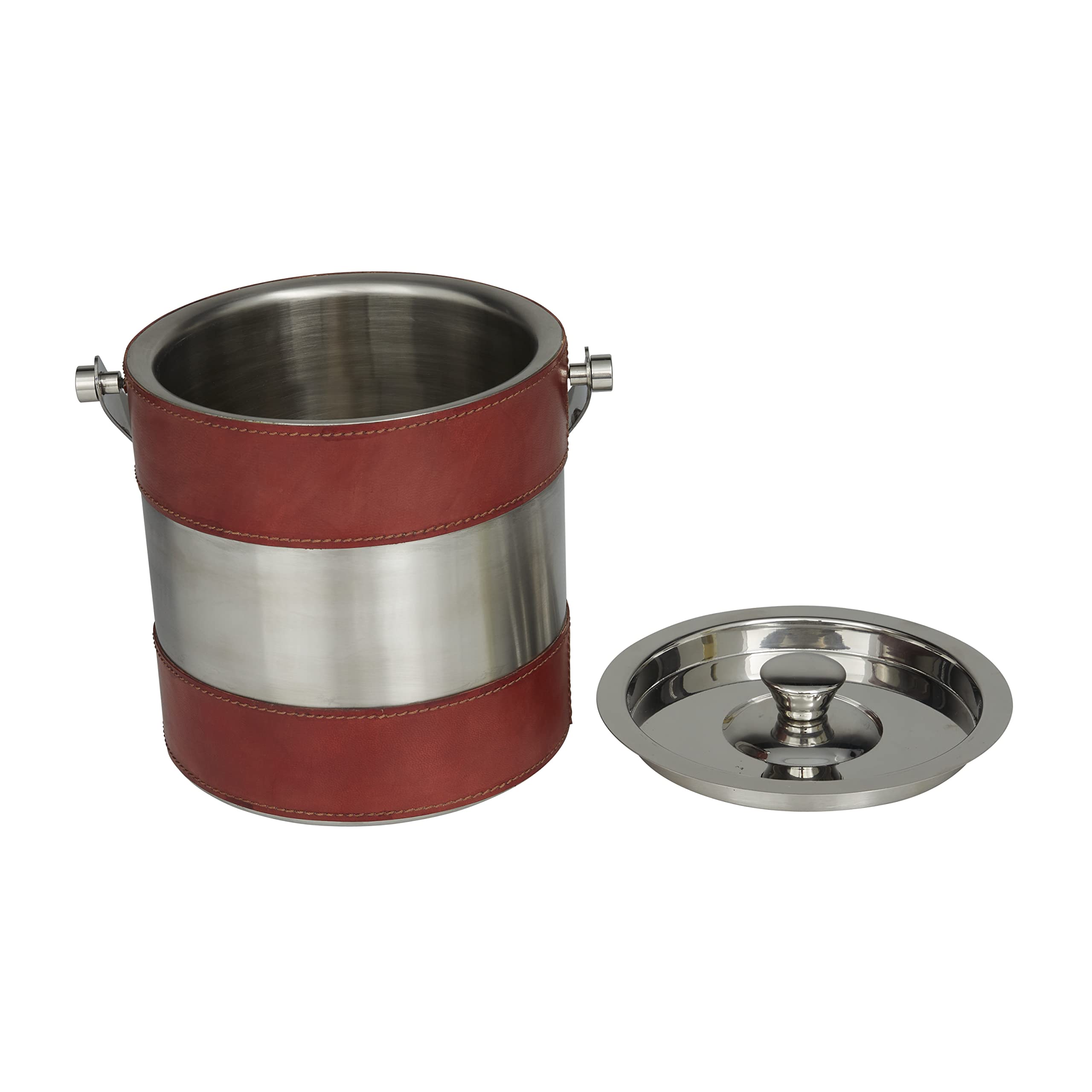 The Novogratz Leather Handmade Ice Bucket with Lid, 8" x 7" x 12", Red