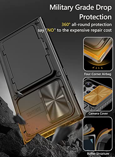 Vihibii Case with Card Holder (4 Cards) & Sliding Camera Cover & Kickstand, Shockproof Rugged Hard Back & TPU Edge Wallet Case for Samsung Galaxy S23 Ultra 5G 6.8" 2023 , Black
