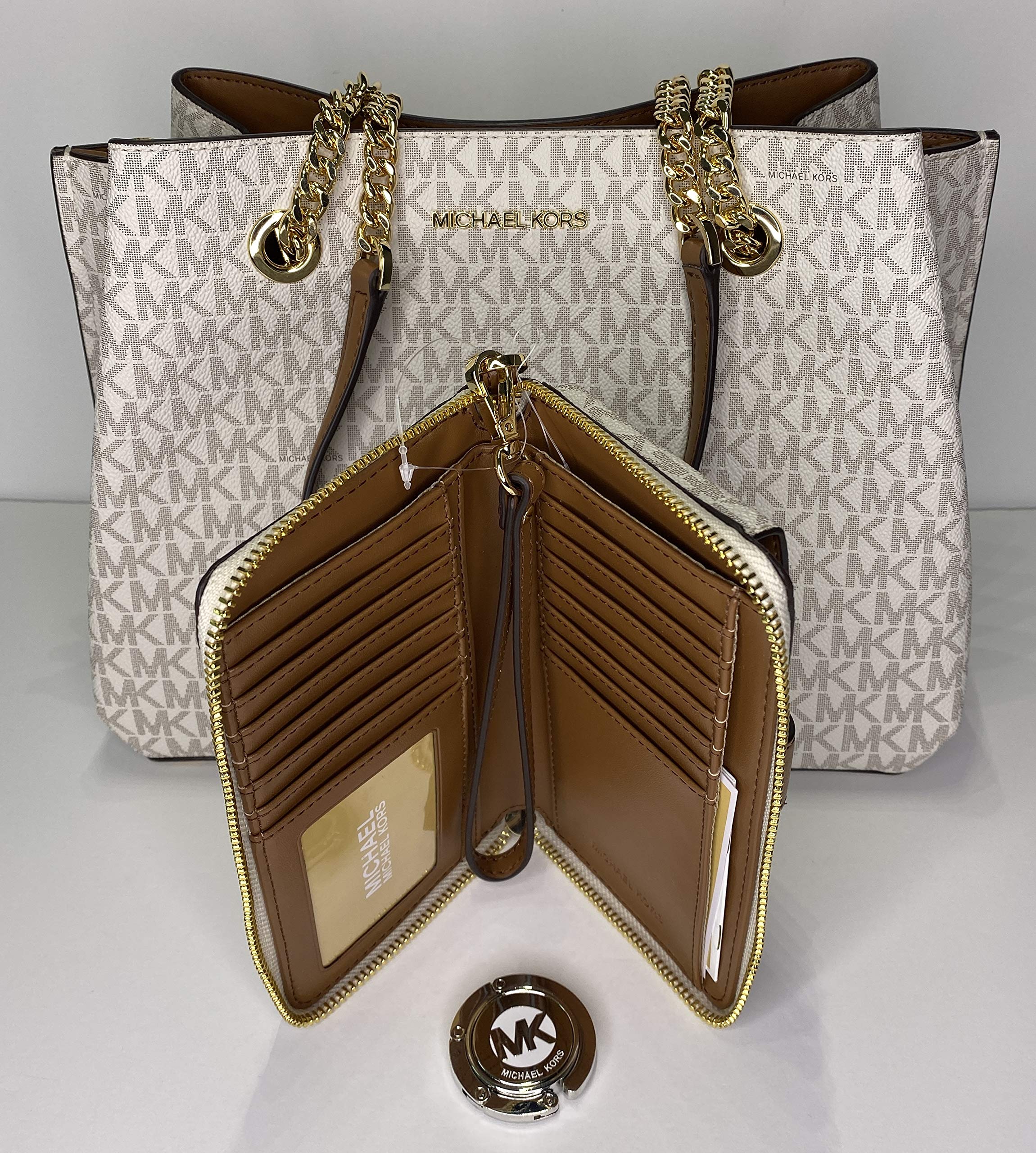 MICHAEL Michael Kors Teagen Satchel bundled with Phone Wallet/Wristlet & Handbag Hook (Signature MK Vanilla)