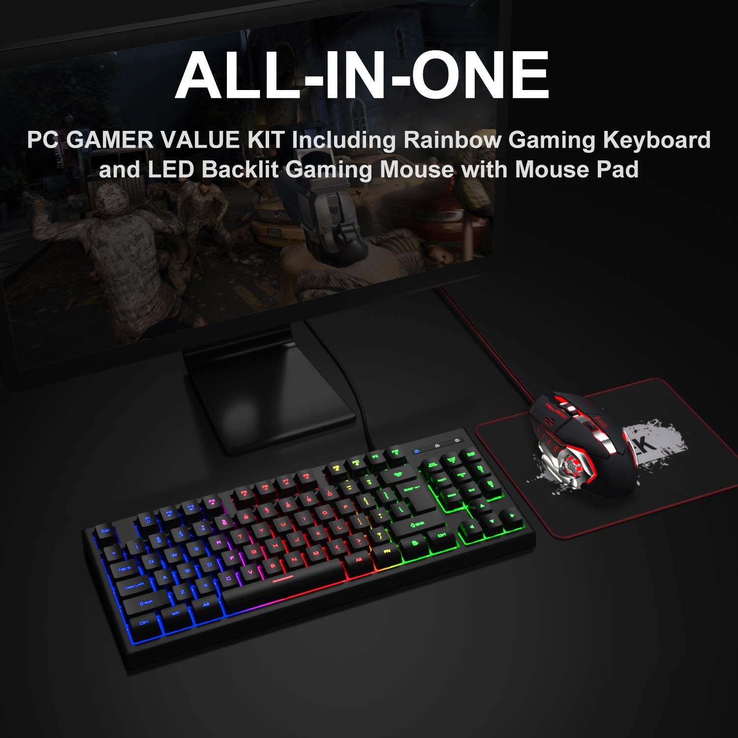 MFTEK RGB 87 Keys Gaming Keyboard and Mouse Combo with Large Mouse Pad, USB Wired Rainbow Backlit Mechanical Feel Keyboard and 4 Color Light Up Gaming Mouse Set for PC Laptop Computer Gamer Work