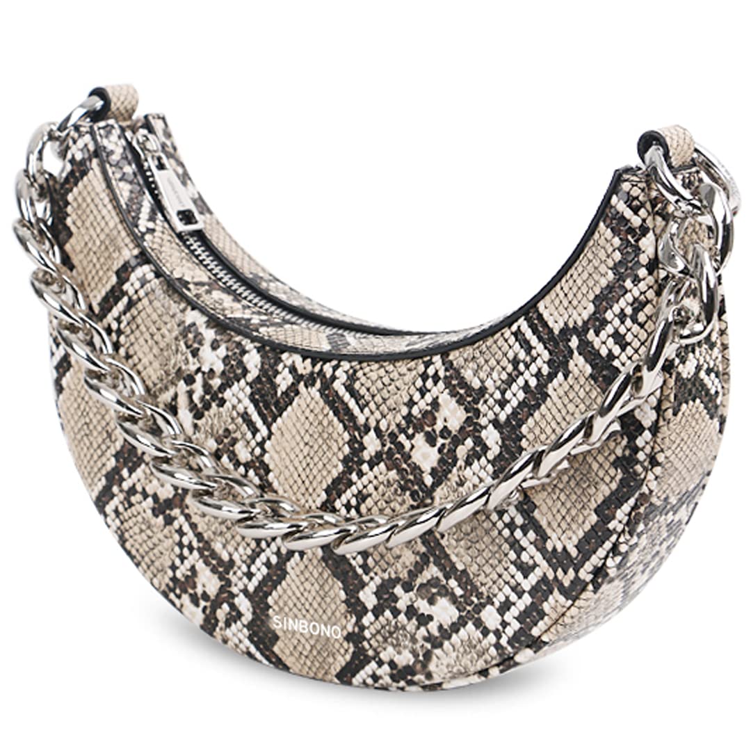 SINBONO Women Shoulder Bag, Cairo Vegan Leather Saddle Bag Handbag Ladies Designer Classic Purse(Natural Snake Embossed)