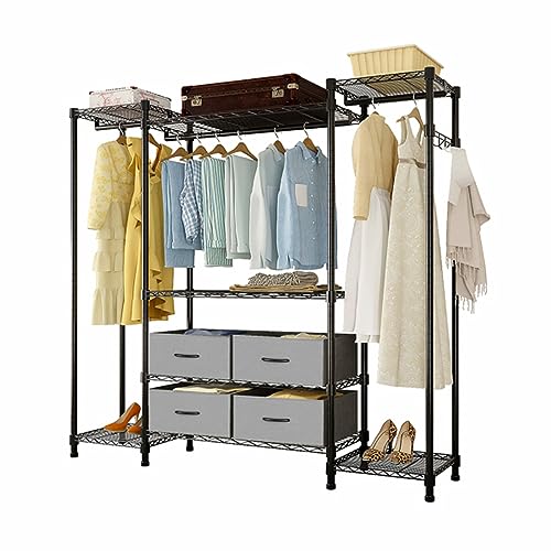 Wekity Wire Garment Rack Heavy Duty Clothes Rack,Closet Organizer Metal Garment Rack Portable Clothes Hanger Home Shelf Fabric Drawers,Freestanding Closet Wardrobe (Black)