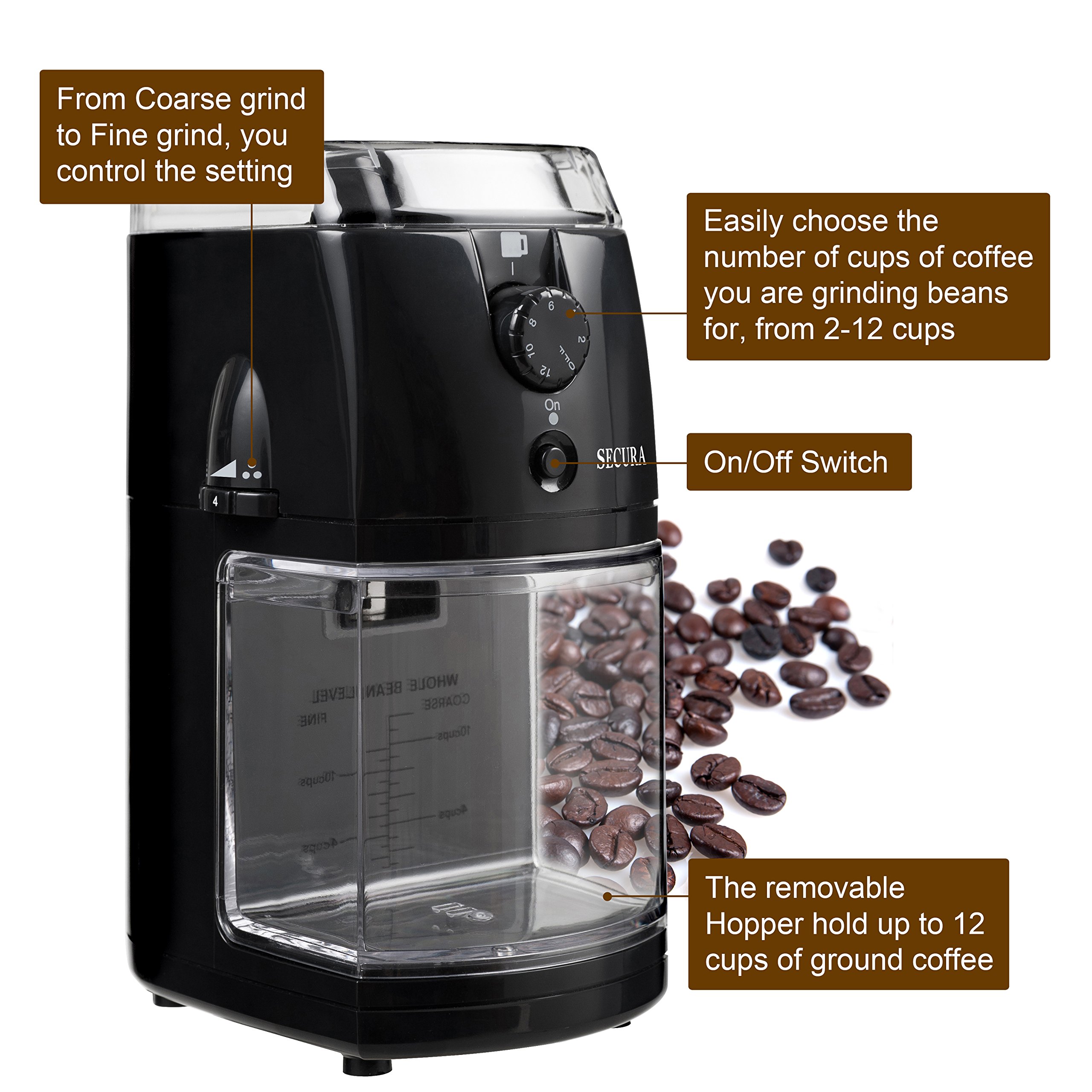 Secura Electric Burr Coffee Grinder Mill, Adjustable Cup Size, 17 Fine to Coarse Grind Size Settings for Drip, Percolator, French Press and Turkish Coffee Makers, Black,12 cups