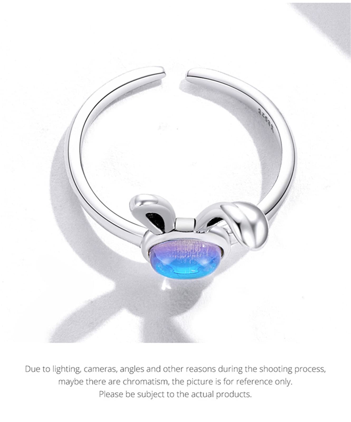 Rainbow Moonstone Ring 925 Sterling Silver Rabbit Rings Cute Animal Adjustable Open Ring Gifts for Engagement Anniversary Wedding
