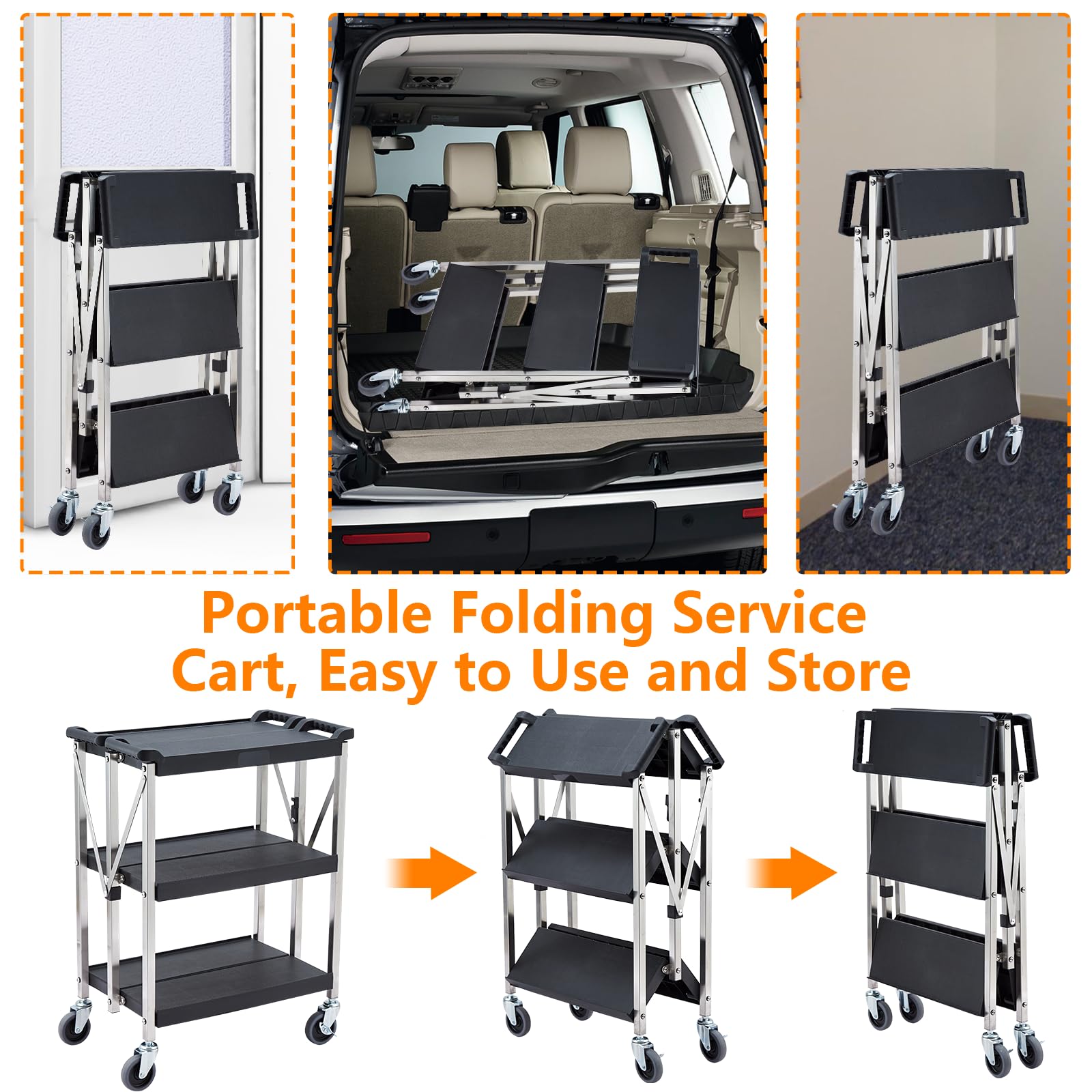 Zstar Foldable Service Cart, 3-Tier Heavy Duty Rolling Service Cart with Lockable & Silent Wheels, 330 lbs Load Capacity, Professional Utility Cart for Foodservice, Commercial,Office, Warehouse, Black