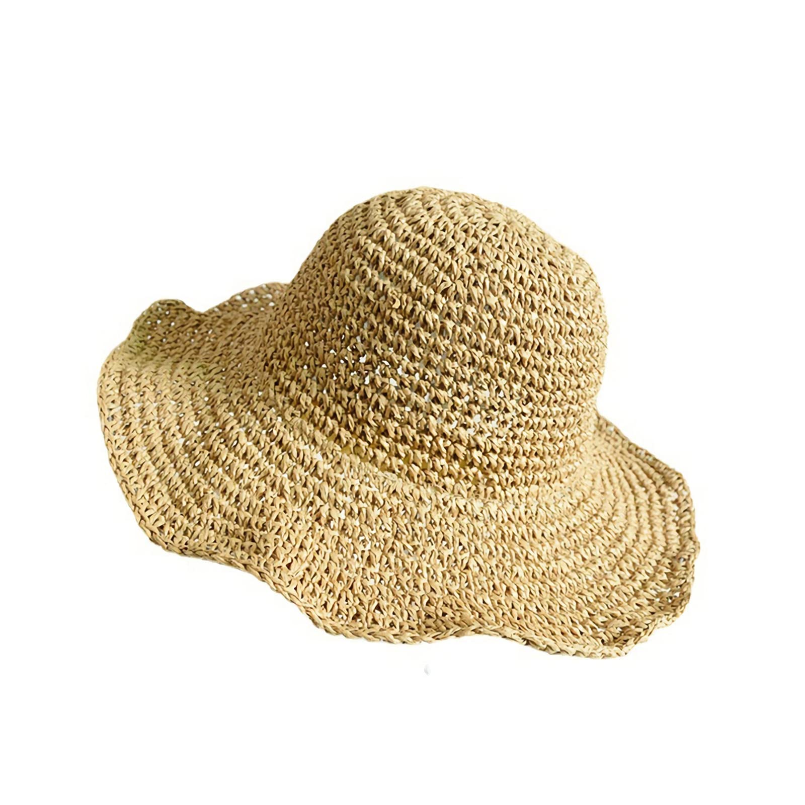 Straw Bucket Hat Beach Hat for Womens Sun Hat Foldable Packable Wide Brim Hat Summer Protection Beach Cap Straw Cowboy Hats Khaki