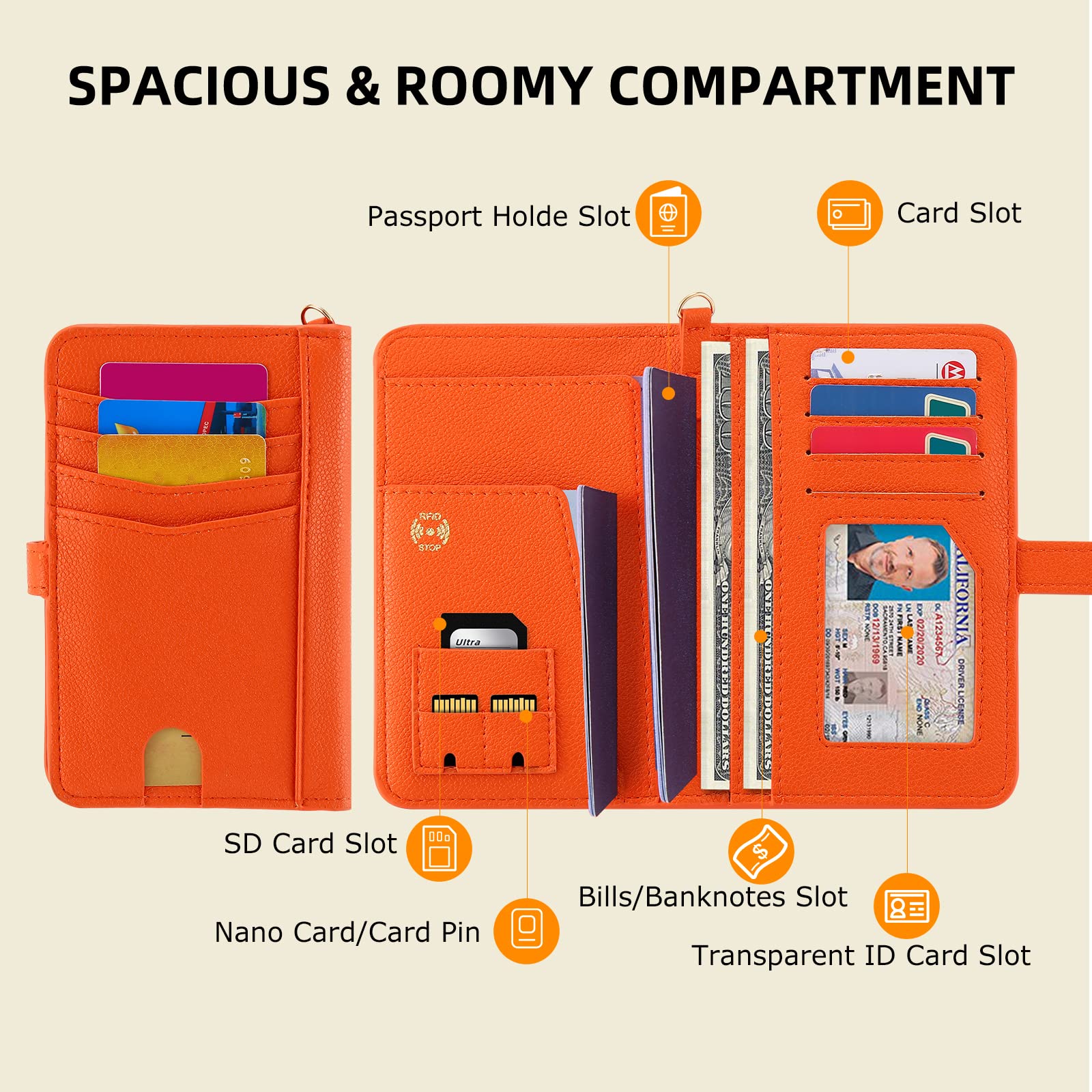 Small Womens Wallet Airtag RFID Blocking Leather – Holds Two Passports for Travel–Compact Bifold Clutch Credit Card Case with ID Window,Wrist Strap - Awesome Anniversary,Birthday Gift Choice - Orange