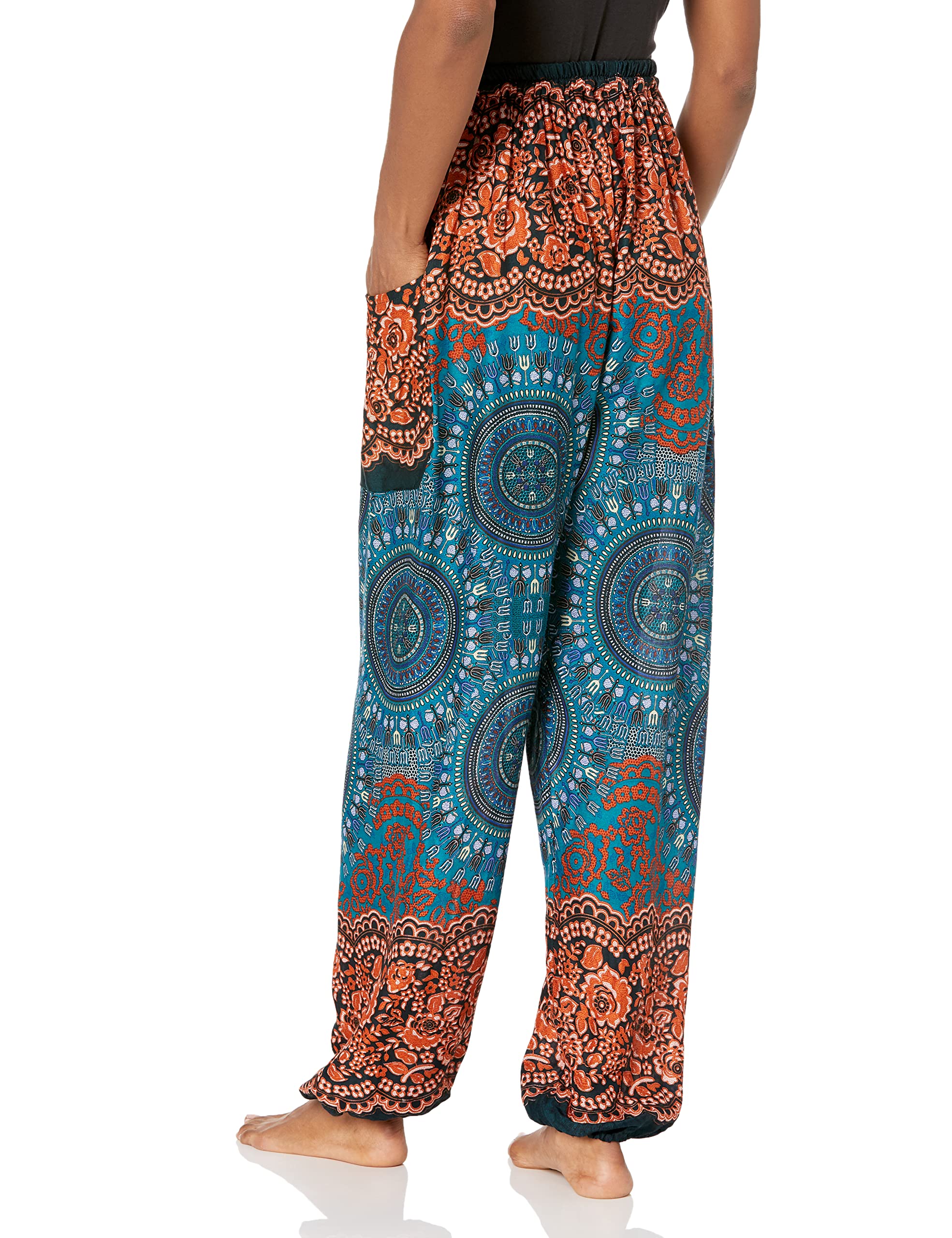 Lannaclothesdesign Women's Boho Drawstring Smocked Waist Rayon Harem Yoga Pants (M, Teal)