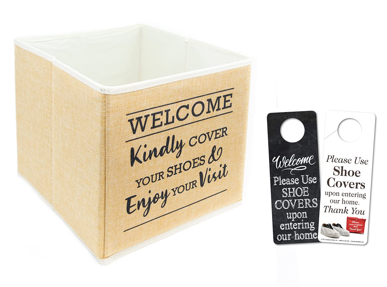Premium Linen Look Foldable Shoe Cover Bin - Indoor Real Estate Bootie Box Perfect Supply for an Open House (11x11 Shoe Cover Bin, Linen)