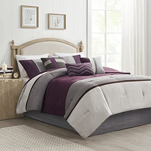 Madison Park Palisades Comforter Set Modern Faux Suede Pieced Stripe Design, All Season Down Alternative Cozy Bedding with Matching Shams, Decorative Pillows, Queen(90"x90"), Purple 7 Piece