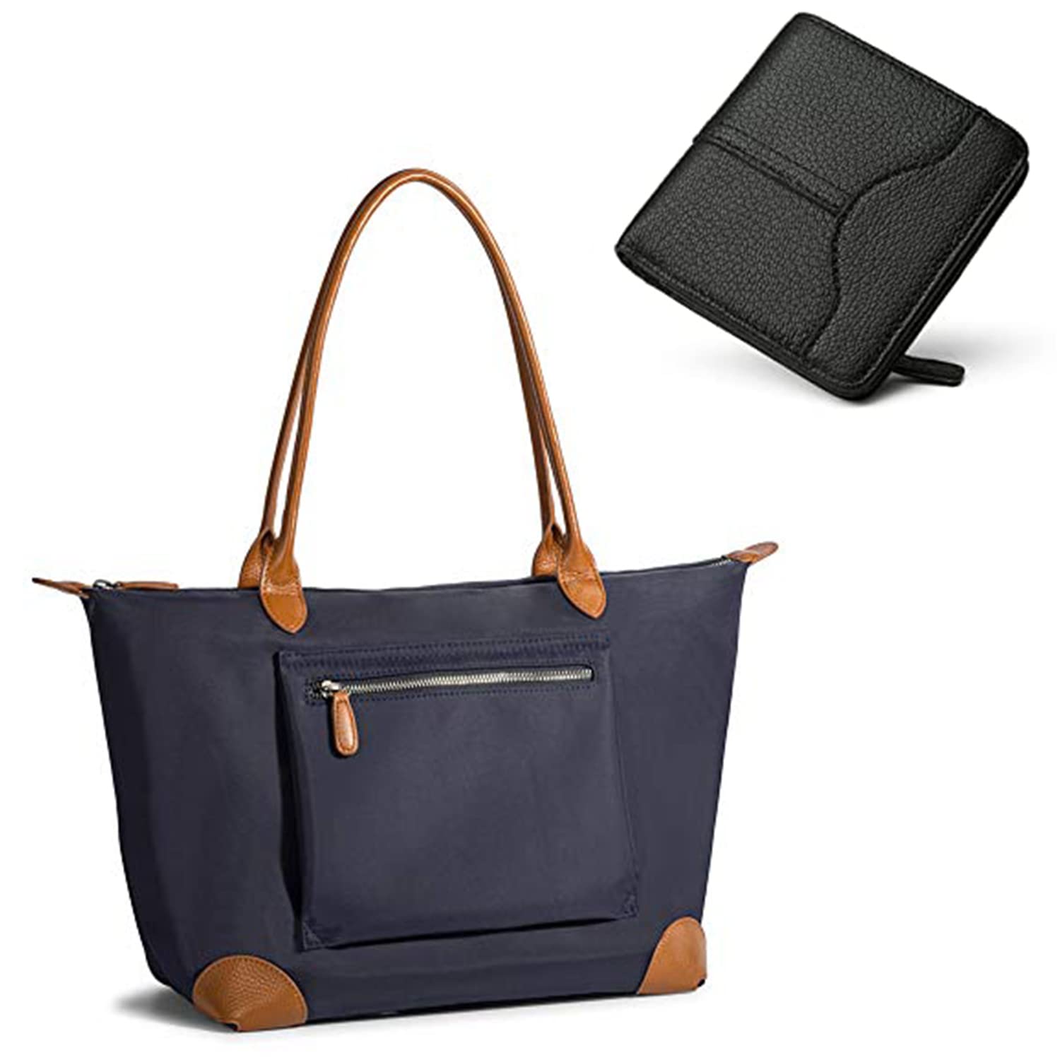 Small Leather Bifold Wallet For Women Black+Large Lightweight Nylon Tote Bag for Women Blue