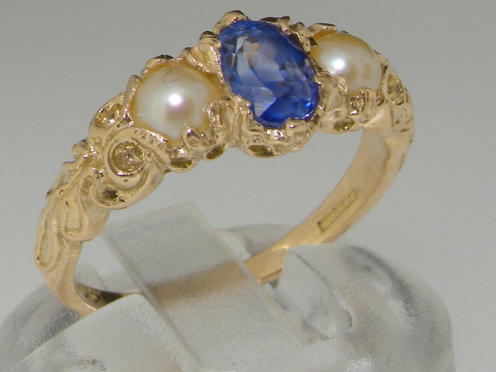 LetsBuyGold 14k Yellow Gold Real Genuine Sapphire and Cultured Pearl Womens Anniversary Ring - Size 8