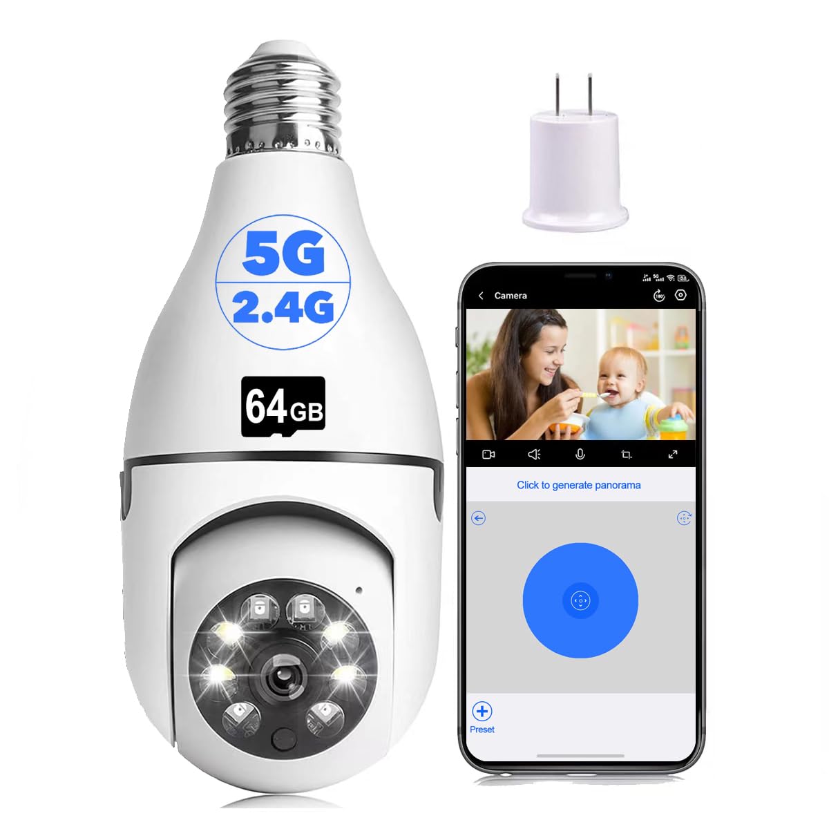 Light Bulb Security Camera,1080P Wireless Light Bulb Camera for Pet Camera, 360 ° PTZ Light Socket Camera with Motion Detection Auto Tracking(1Pack 5GHz&2.4GHz with 64GB SD Card)