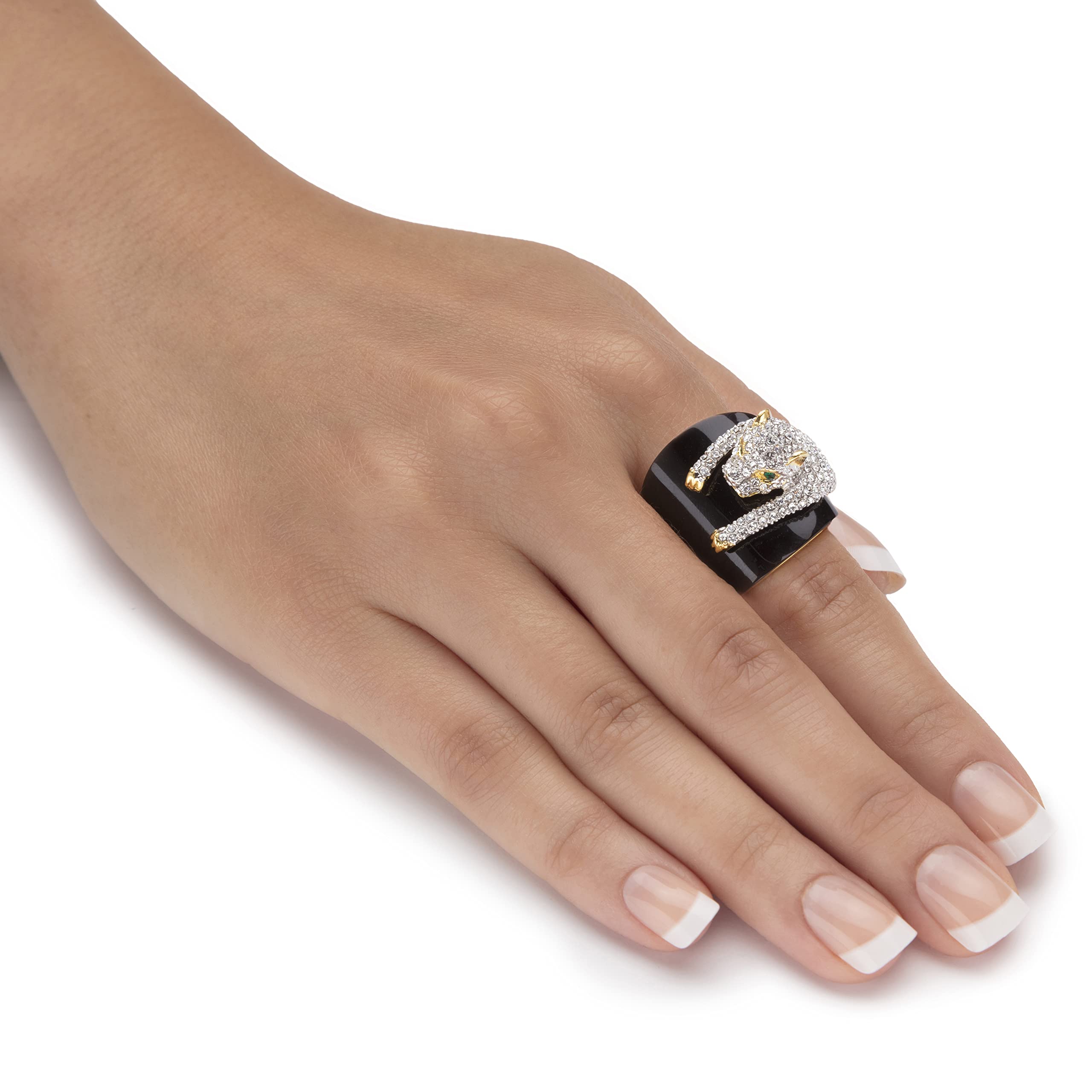 PalmBeach Yellow Gold-Plated Natural Black Onyx and Round Green Crystals Leopard Ring Sizes 6-10 Size 8