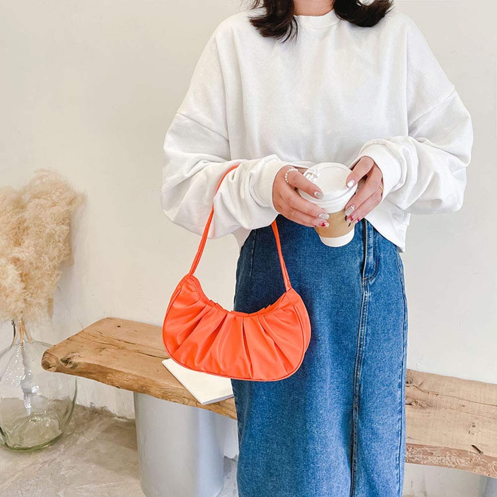 Small Shoulder Bags for Women Solid Color Pleated Cloud Underarm Handbag Totes, Orange, 21 x 18 x 5cm