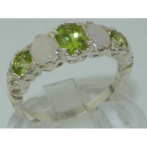 LetsBuyGold 925 Sterling Silver Real Genuine Peridot and Opal Womens Band Ring - Size 7